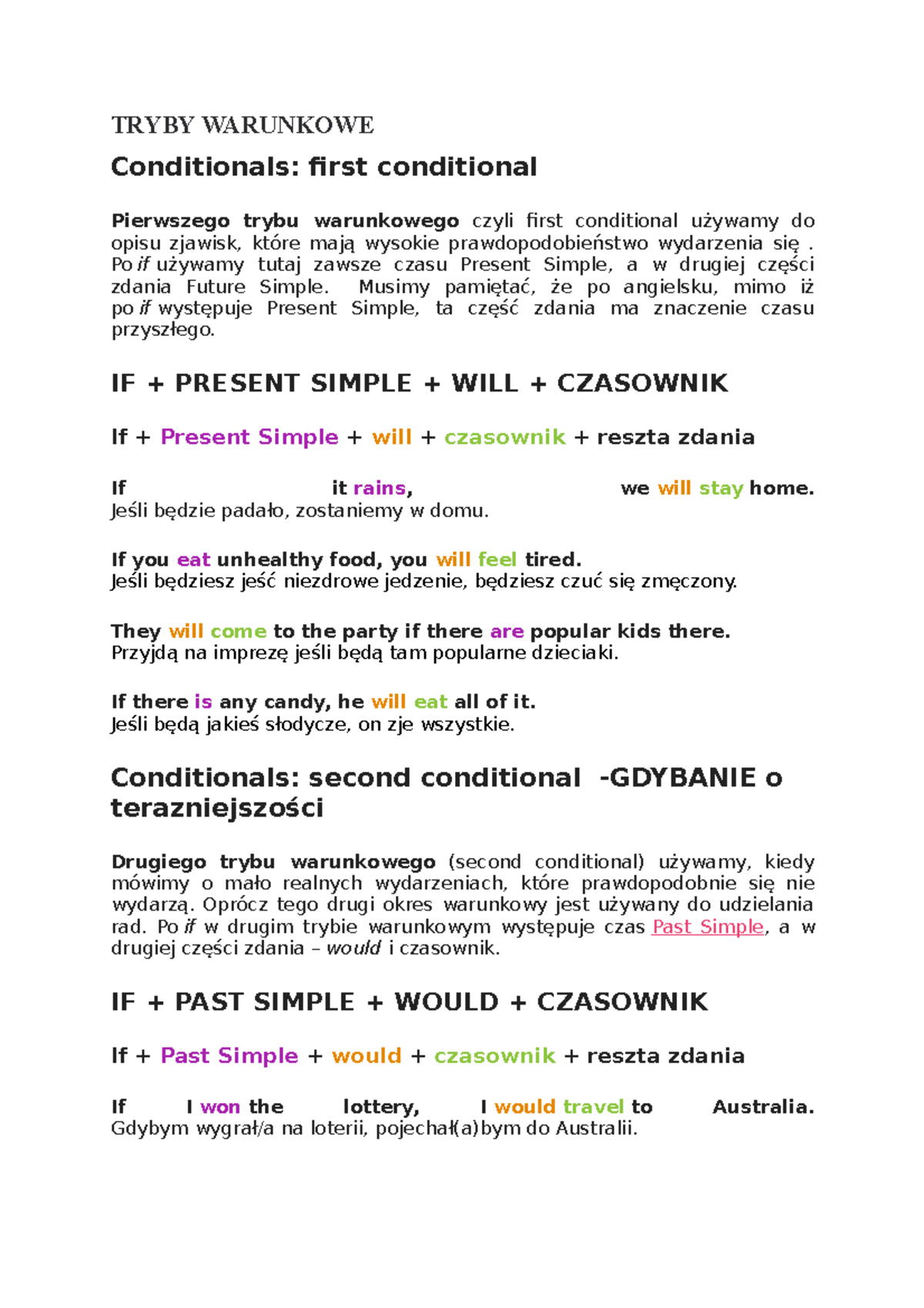 Tryby warunkowe - ang - TRYBY WARUNKOWE Conditionals: first conditional ...