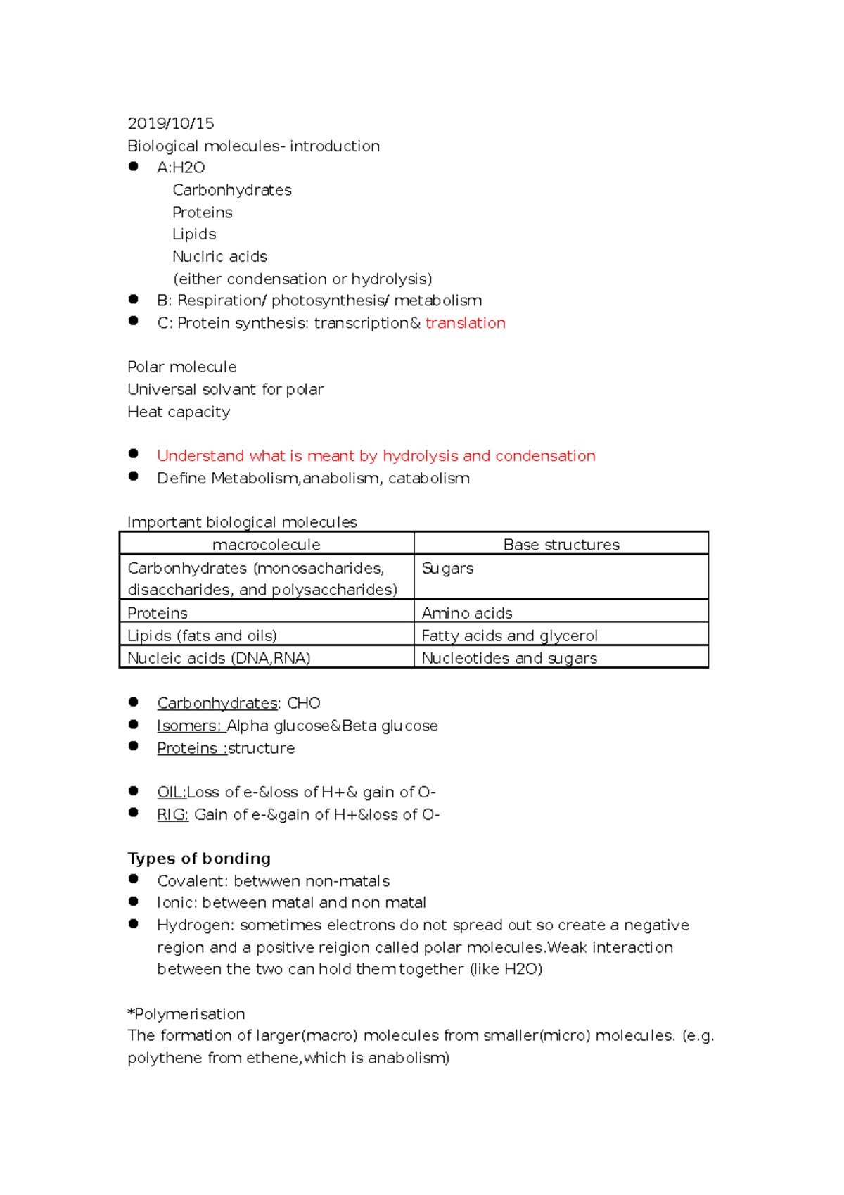 Biology SL molecular (2020 syllabus) - 2019/10/ Biological molecules ...