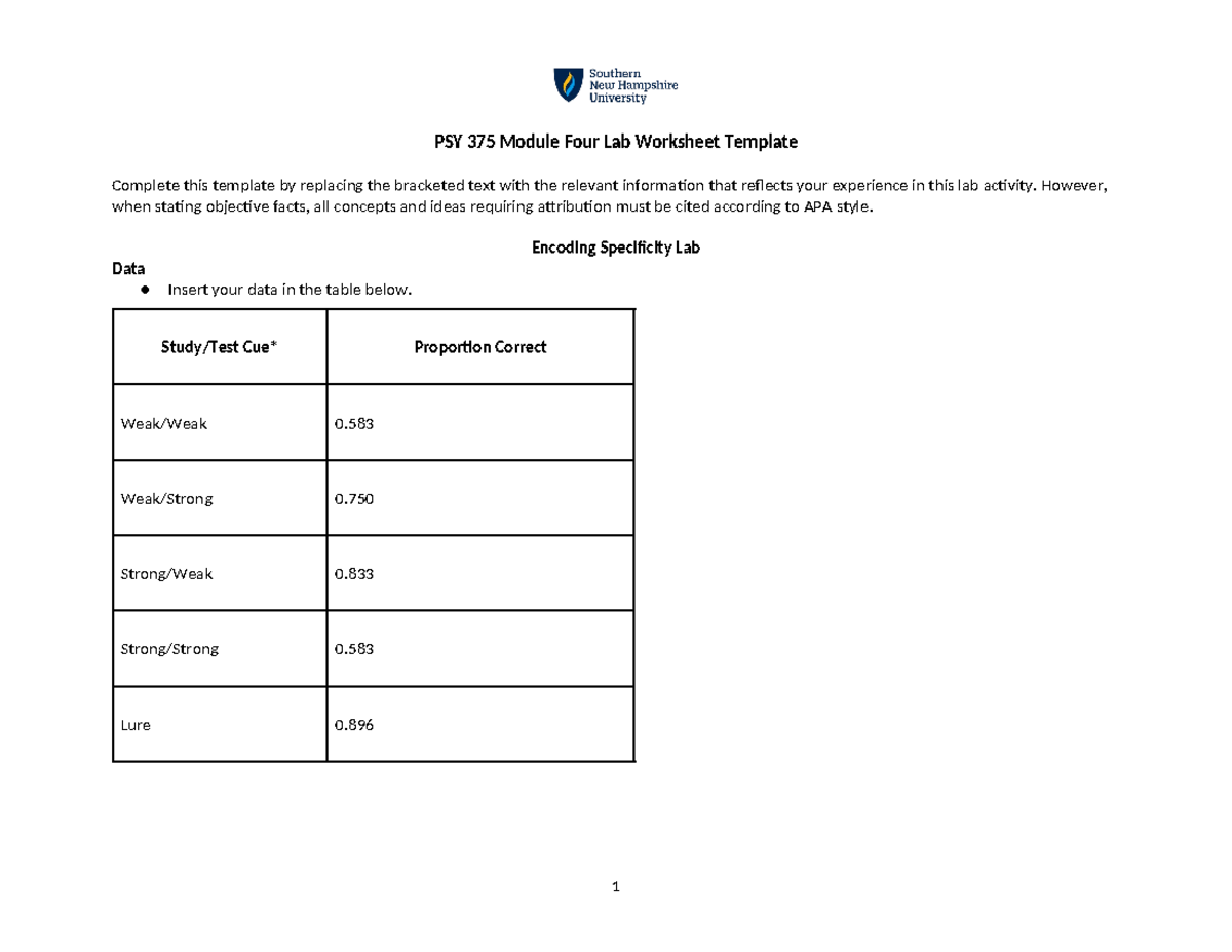 PSY 375 Module Four Lab Worksheet Template completed - However, when ...