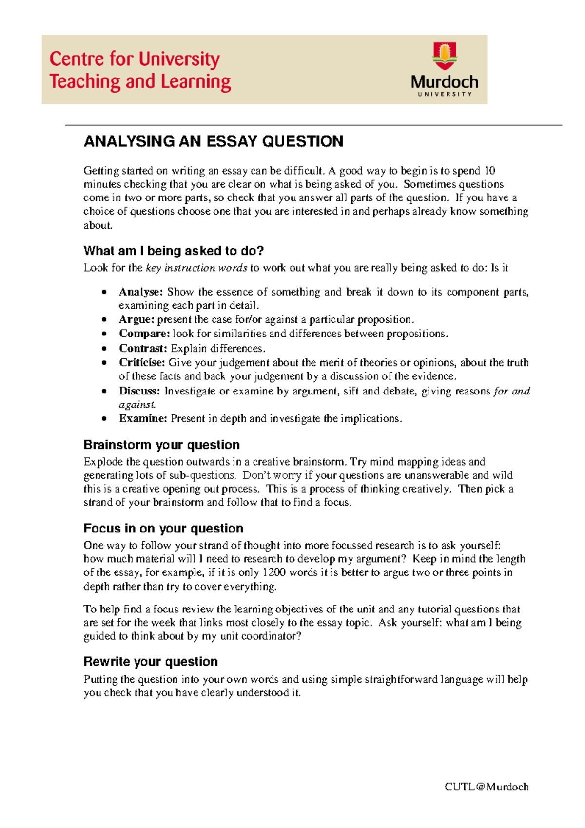 Analysing Essay Questions - CUTL@Murdoch ANALYSING AN ESSAY QUESTION ...