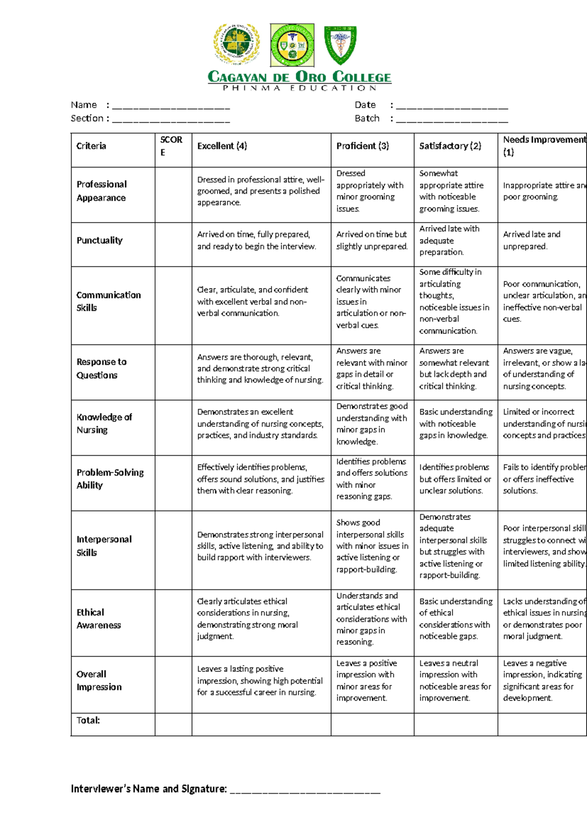 Mock Job Interview Rubric - Name : ______________________ Date ...