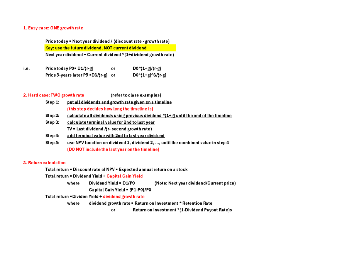 FIN 256 Mid-term Review Roadmap-5 - Easy case: ONE growth rate Price ...