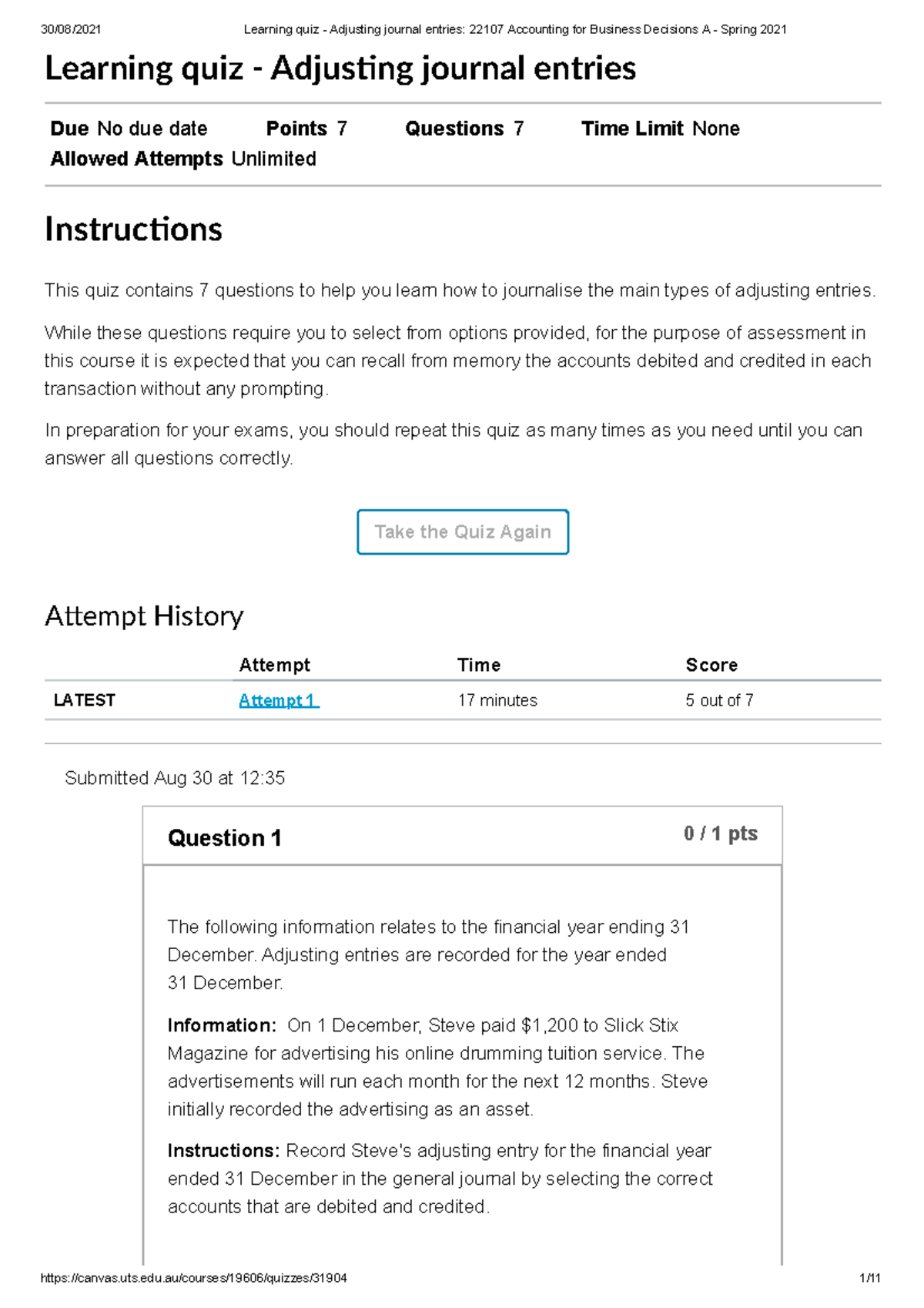 Adjusting journal entries - Learning quiz - Adjusng journal entries Due ...