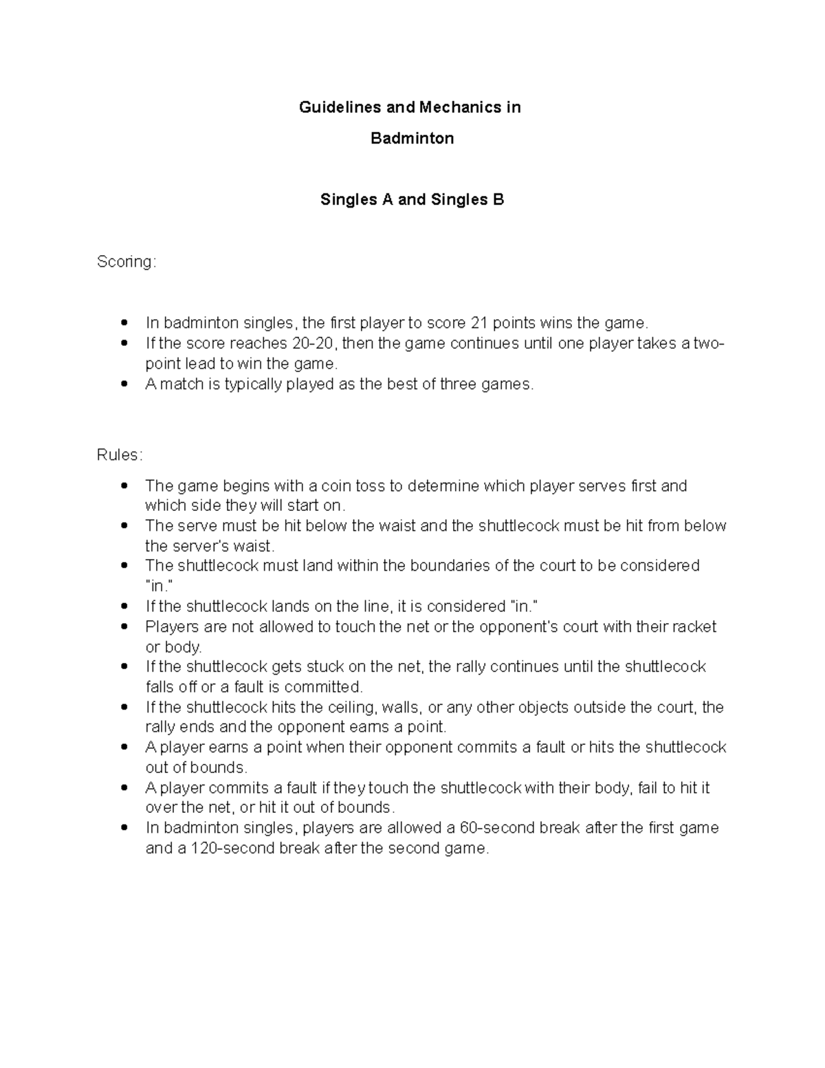 Guidelines and Mechanics in Badminton Ito na po - Guidelines and ...