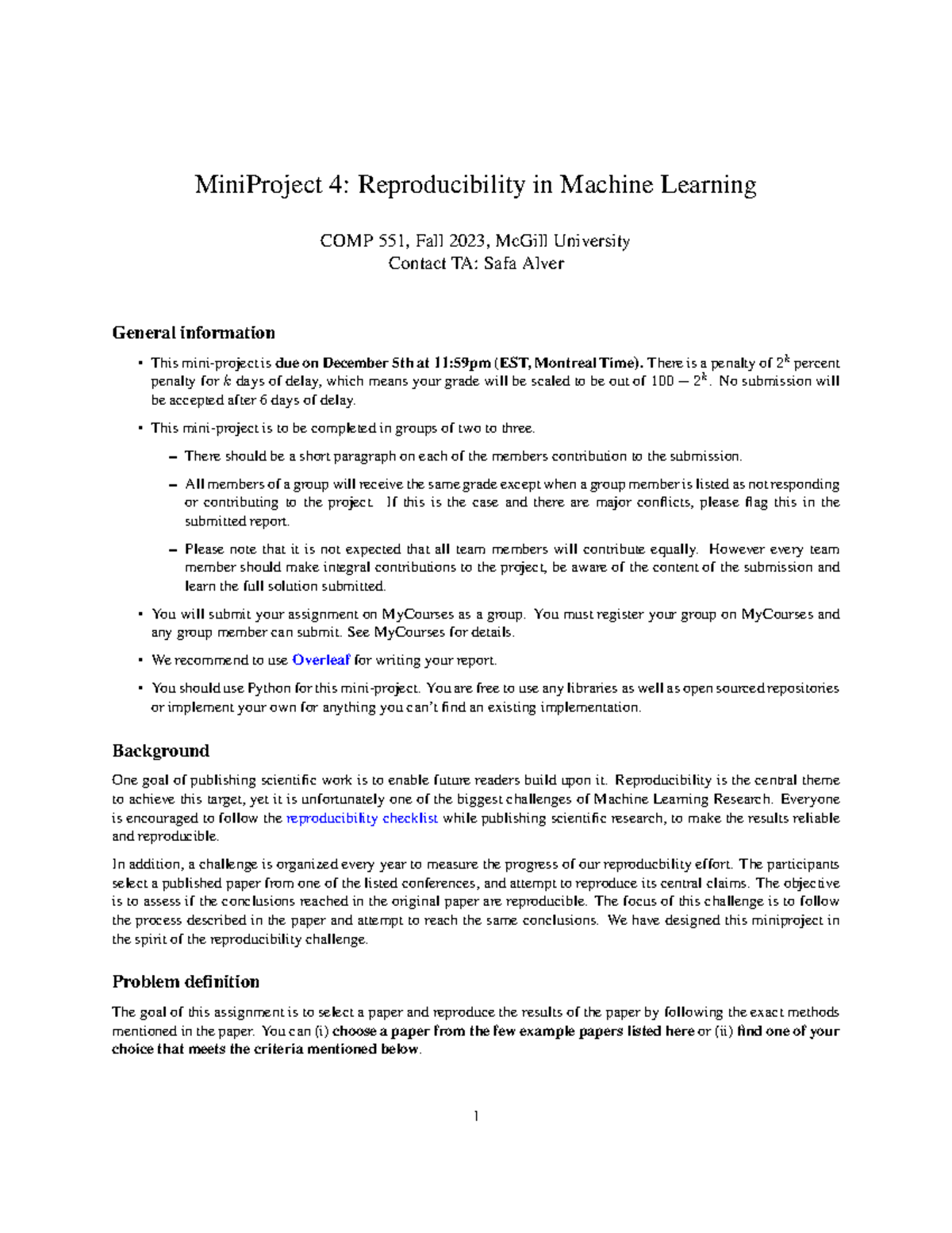 551P4Fall23 - Assignment 4 - MiniProject 4: Reproducibility in Machine Learning COMP 551, Fall ...
