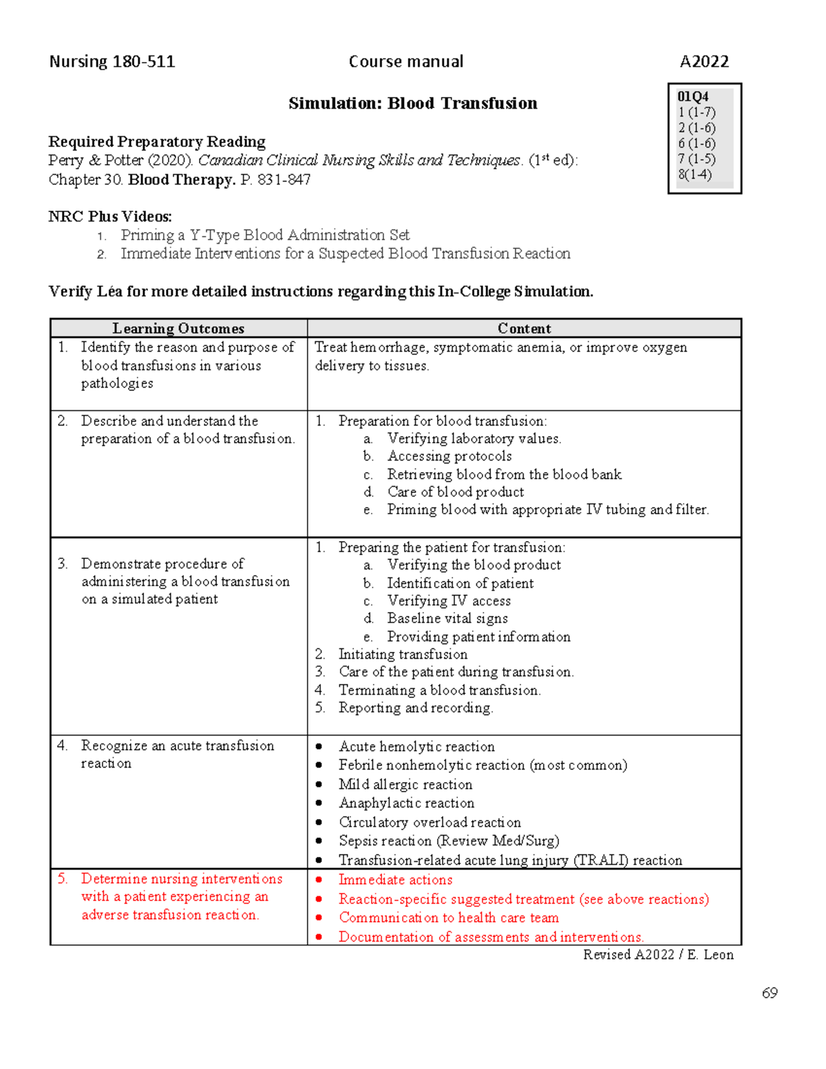 LOs Blood Transfusion - Nursing 180- 511 Course manual A 69 Simulation ...