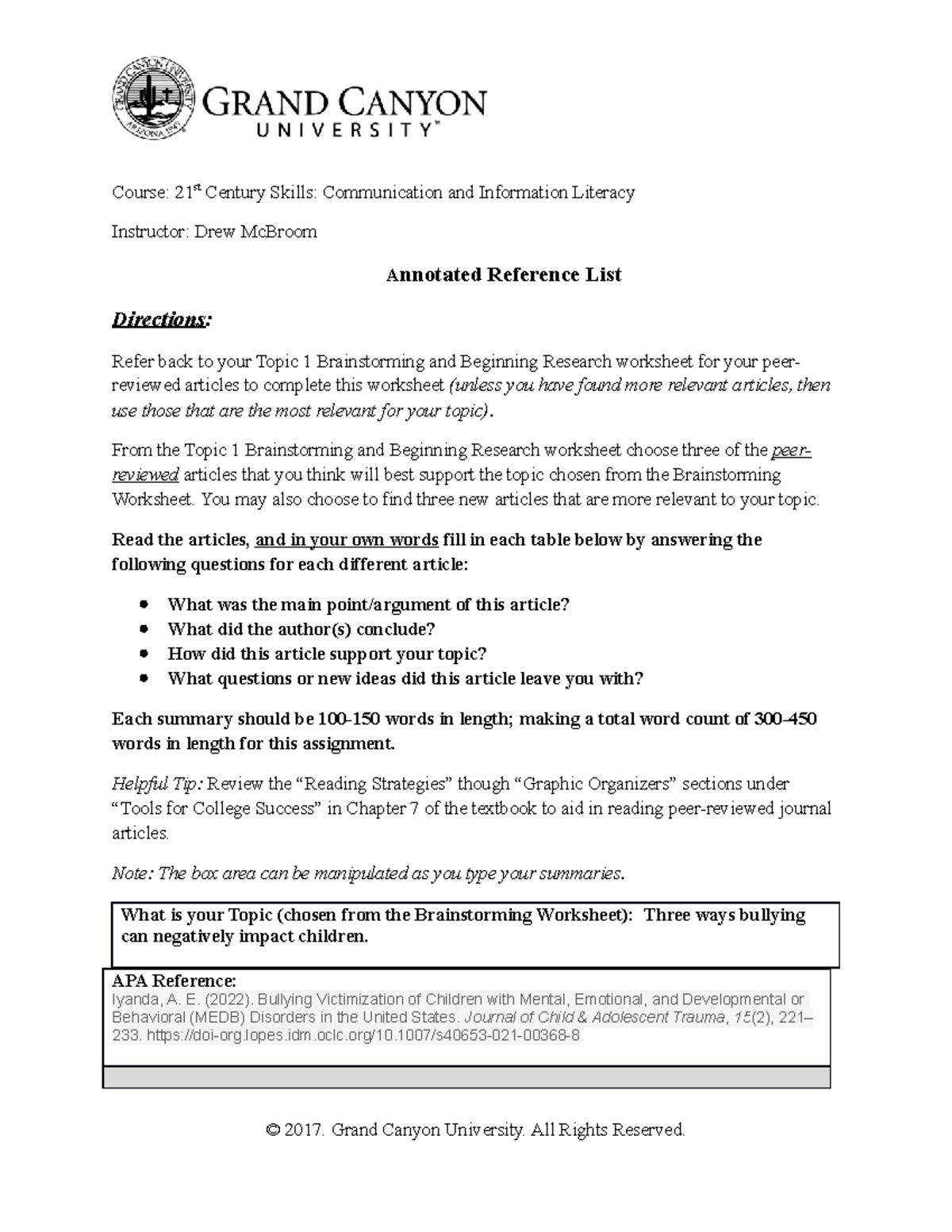 UNV 104 RS T2 Annotated Reference List - Course: 21st Century Skills ...