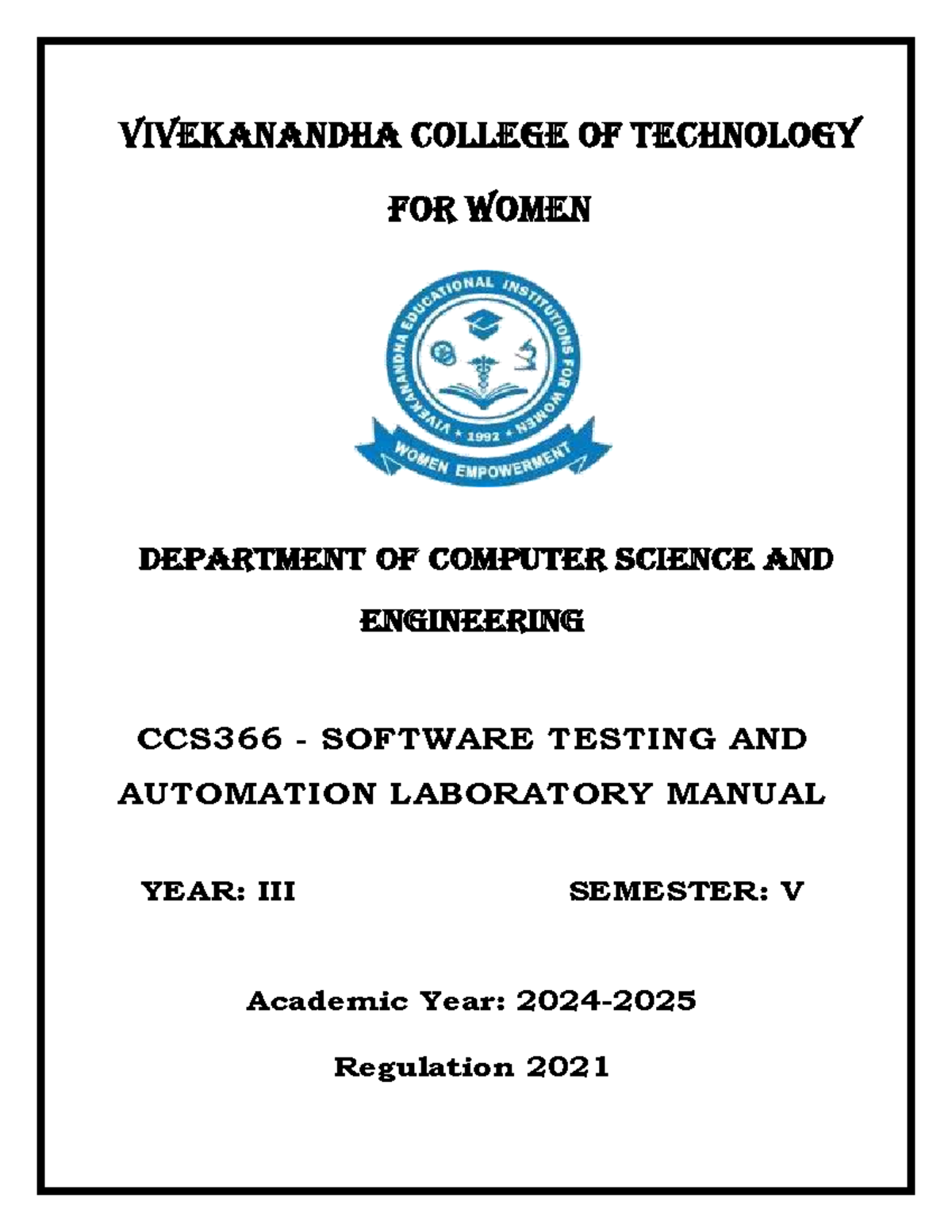 STA Lab Mannual CSE 2222 - VIVEKANANDHA COLLEGE OF TECHNOLOGY FOR WOMEN DEPARTMENT OF COMPuTER ...