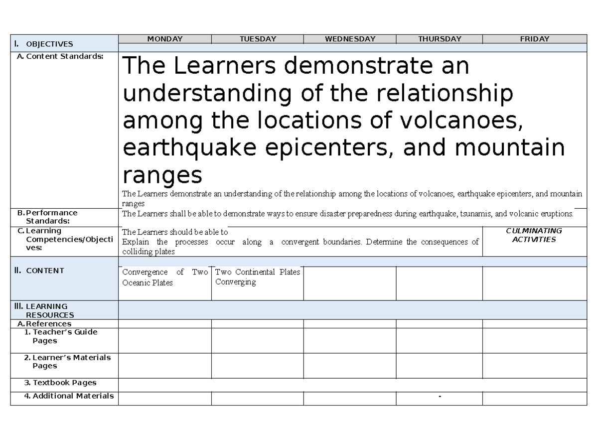 Grade 7 students - I. OBJECTIVES MONDAY TUESDAY WEDNESDAY THURSDAY ...