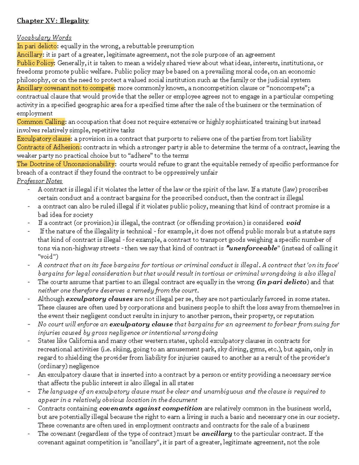 BUS05 Chapter 15 Illegality - Chapter XV: Illegality Vocabulary Words In pari delicto: equally ...