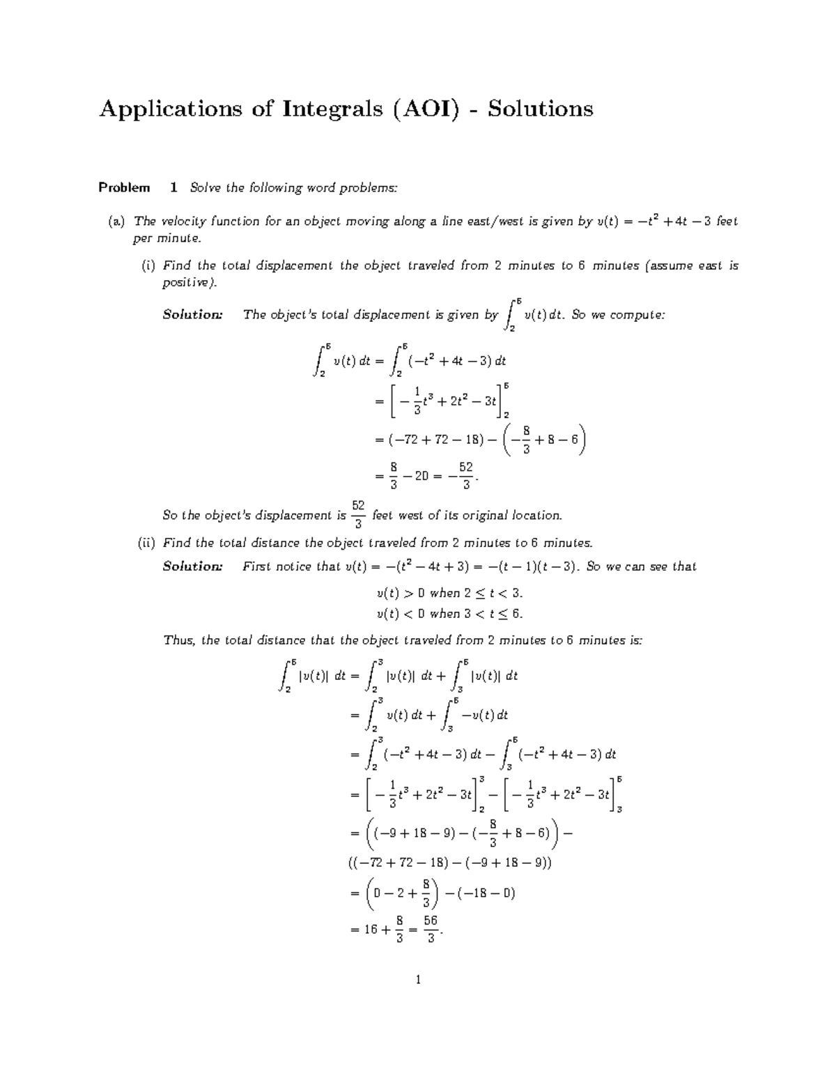 Applications Of Integrals Soln - Applications of Integrals (AOI) - Solutions Problem 1 Solve the ...