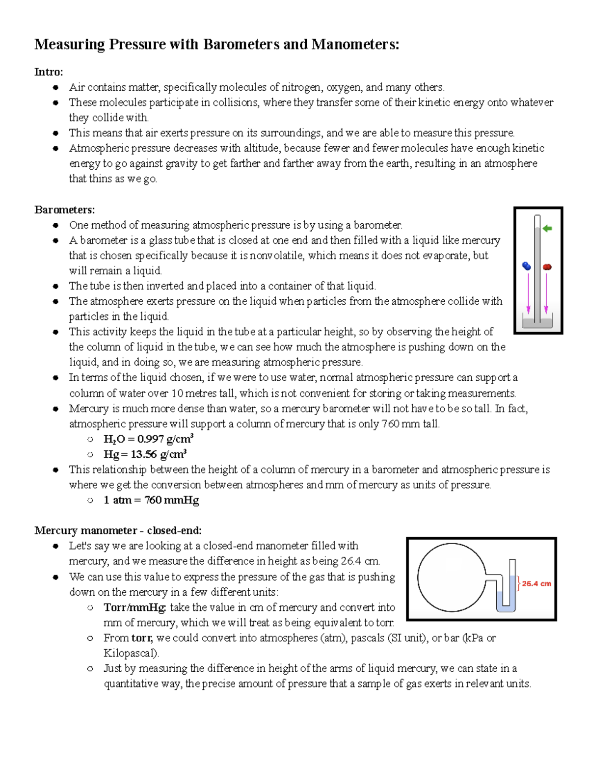 8. Gas Laws - notes - detailed - Measuring Pressure with Barometers and ...