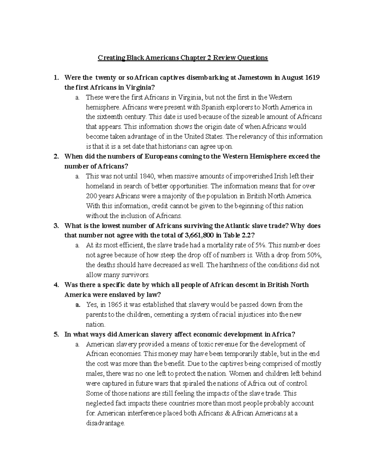 Chapter 2 Review Questions - Creating Black Americans Chapter 2 Review ...