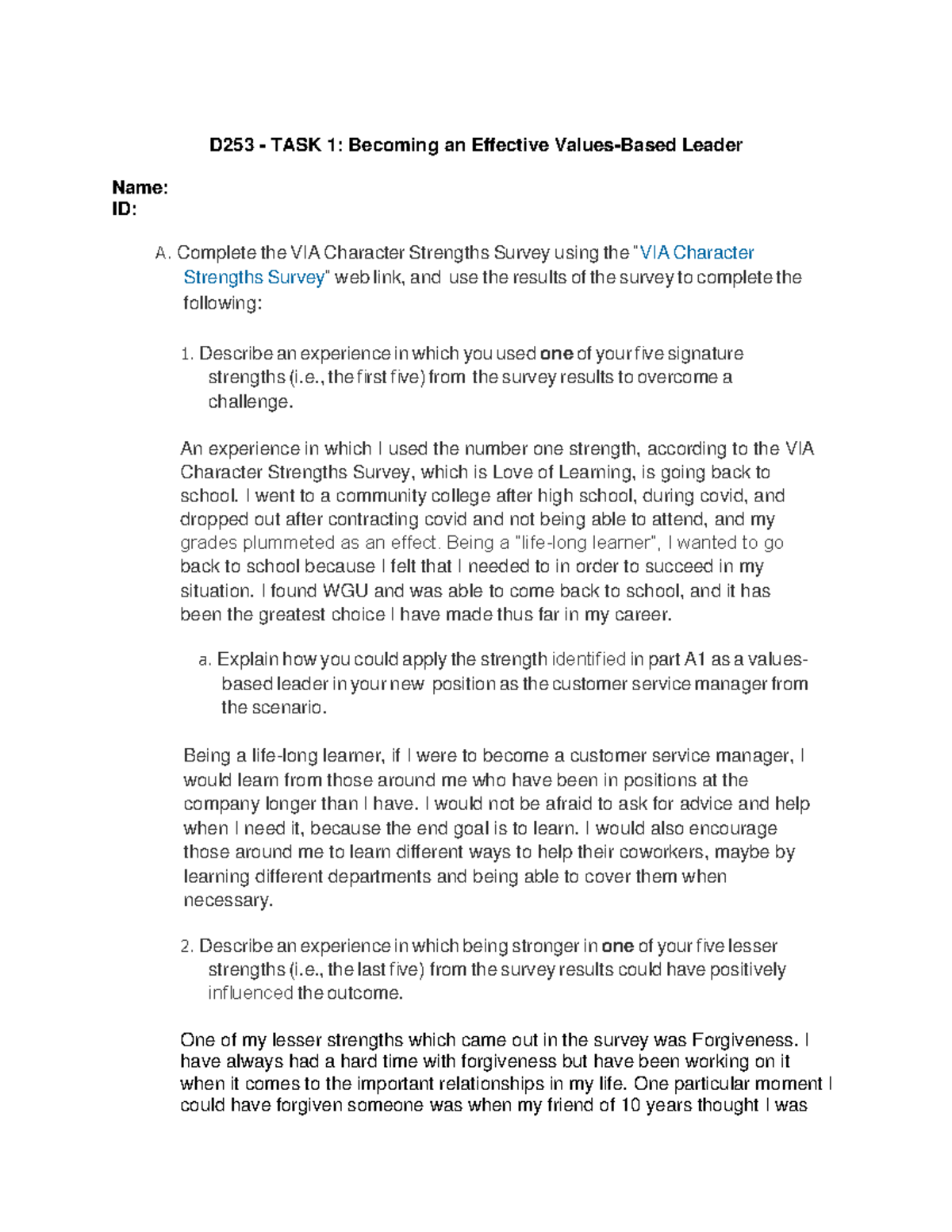 D253 Task 1 - TASK 1 D253 - D253 - TASK 1: Becoming an Effective Values ...