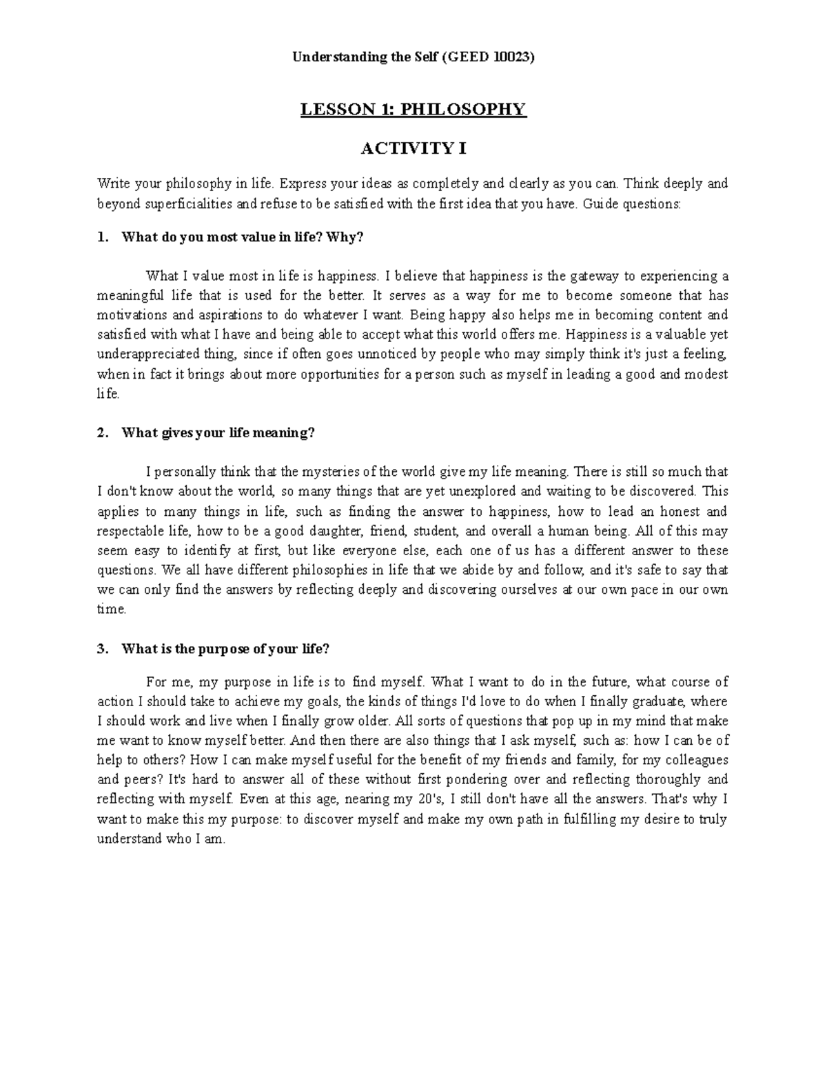 Understanding the Self (UTS)- Activity Lesson 1: Philosophy ...