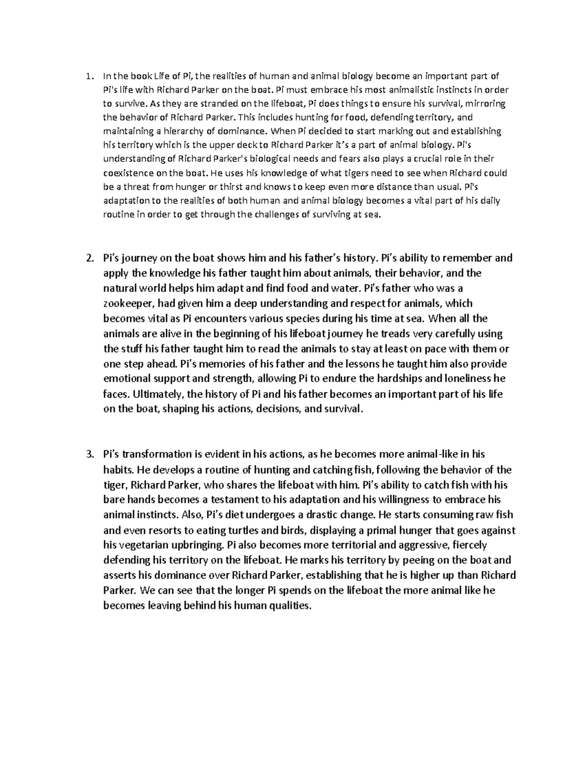 Life of Pi Answers - 1. In the book Life of Pi, the realities of human ...