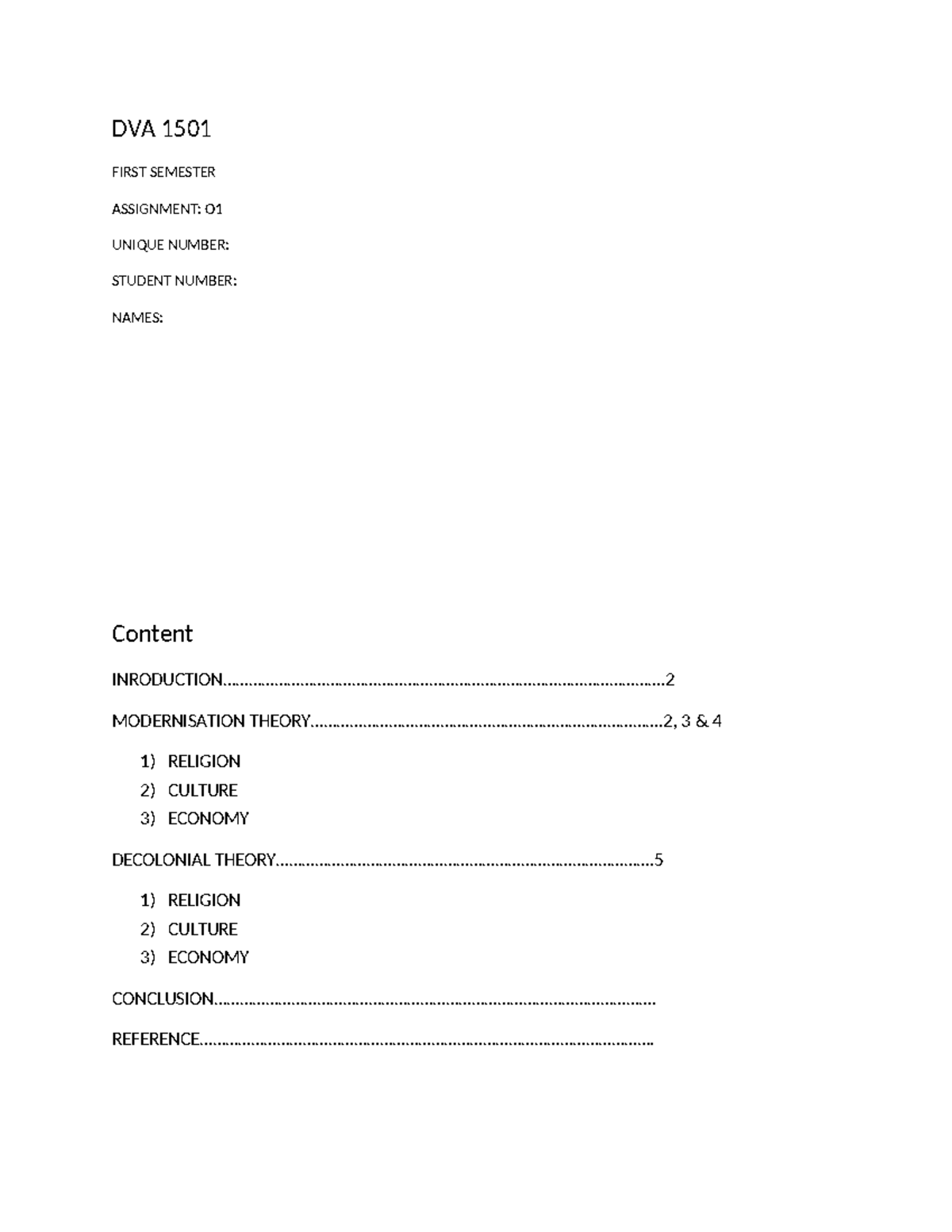 Modernization Theory - DVA 1501 FIRST SEMESTER ASSIGNMENT: O UNIQUE NUMBER: STUDENT NUMBER ...