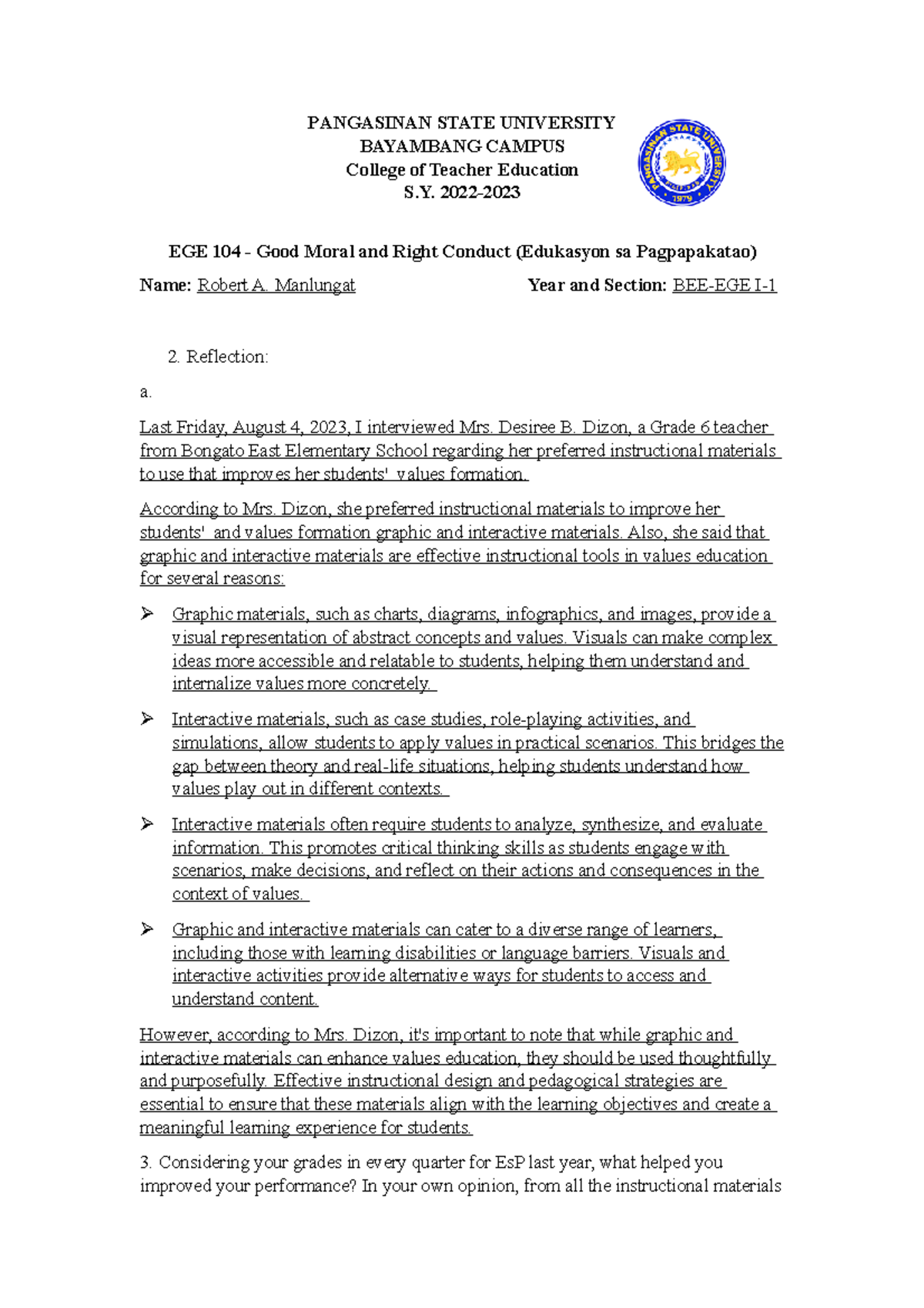 Activity SG6 - PANGASINAN STATE UNIVERSITY BAYAMBANG CAMPUS College of ...