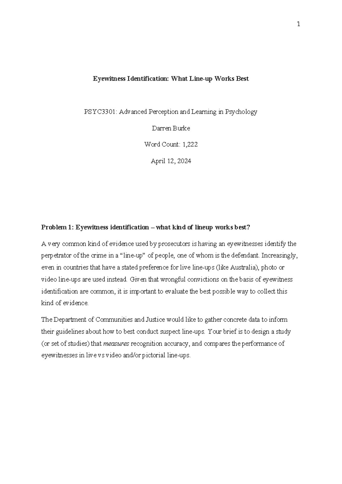 PSYC3301 eyewitness identification study - Eyewitness Identification ...