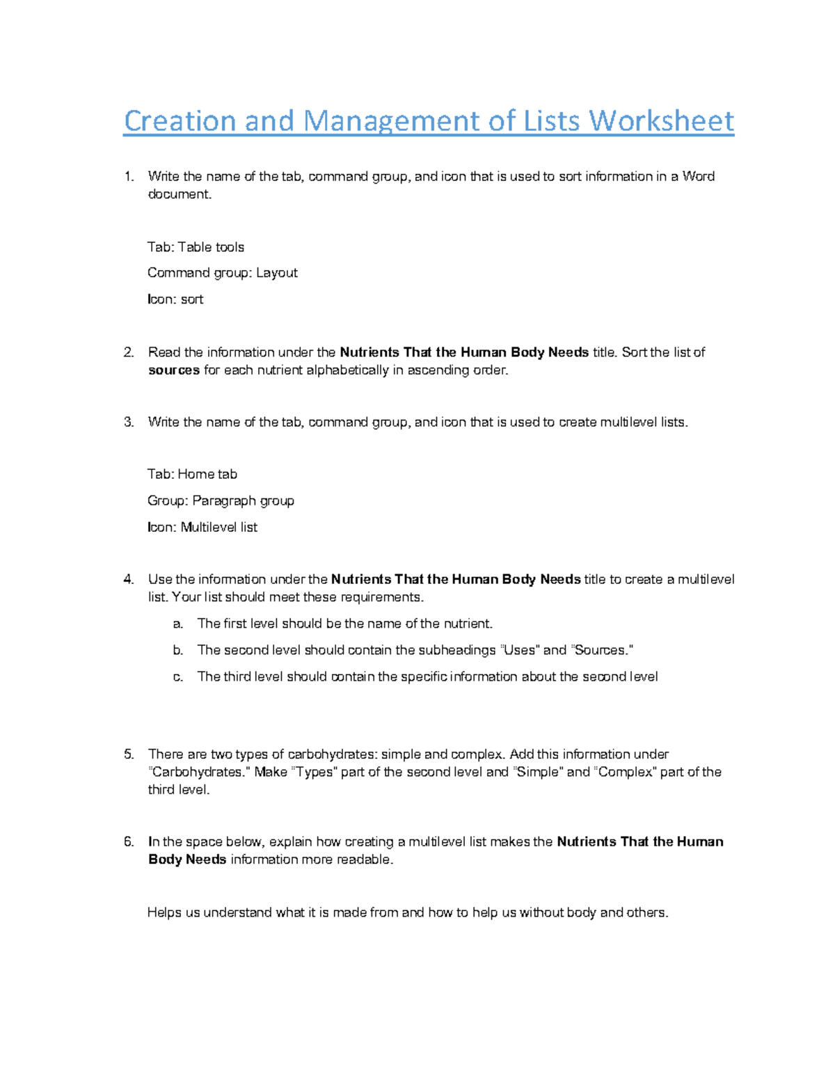 Creation and Management of Lists Worksheet - Tab: Table tools Command ...