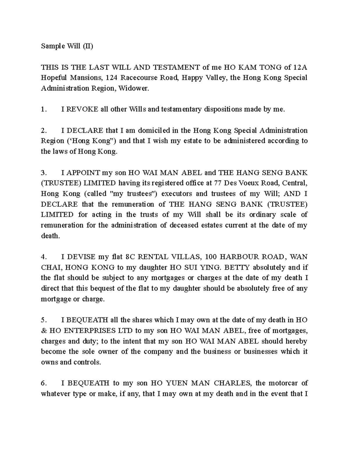 Sample Will II - Sample Will (II) THIS IS THE LAST WILL AND TESTAMENT ...