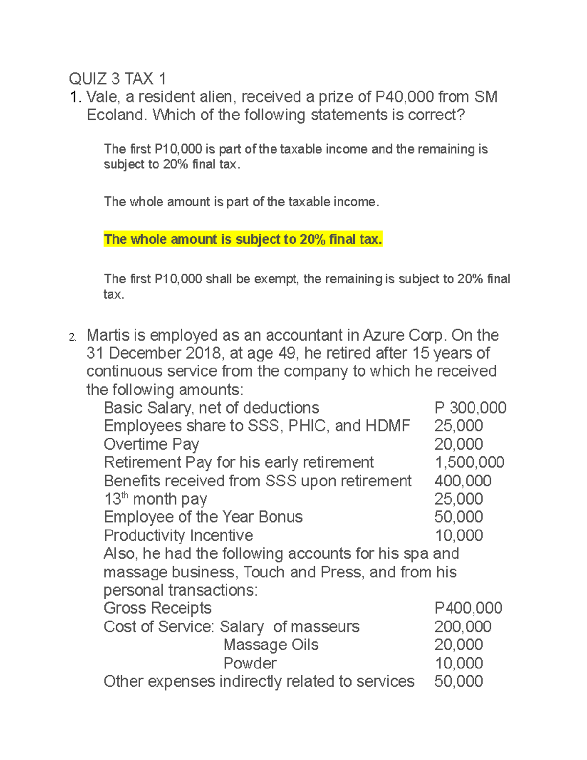QUIZ 3 TAX 1 - includes all your taxable income and how much tax you ...