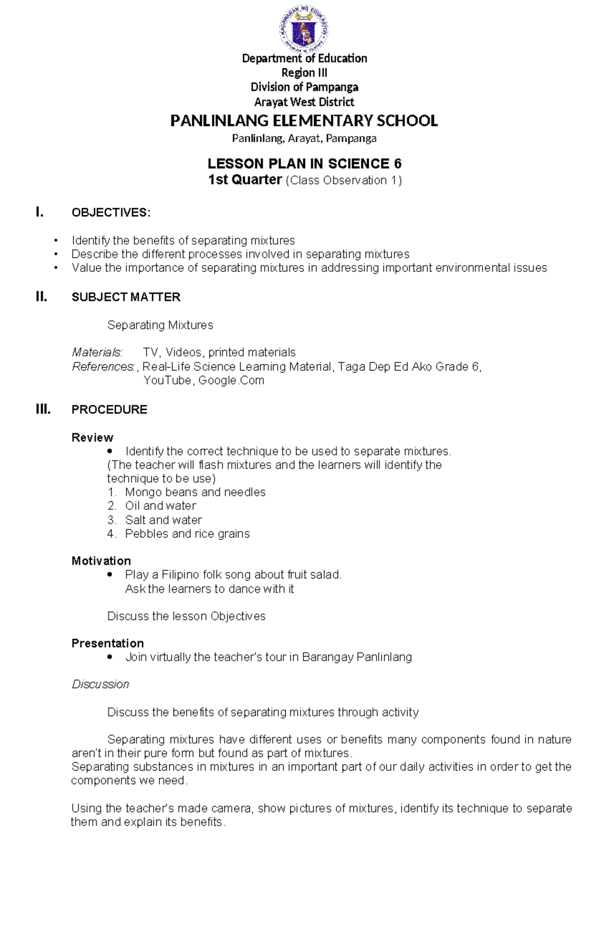 Lesson PLAN in Science 6 benefits of separating mixtures - Department ...