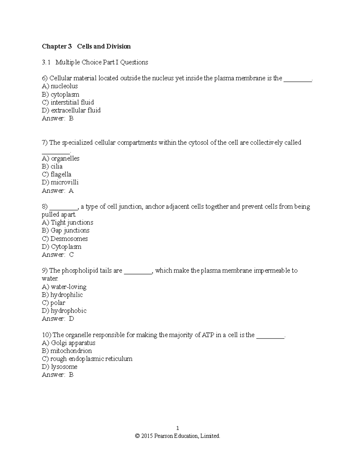 Chapter 3 Chapter 3 Cells And Division 3 Multiple Choice Part I