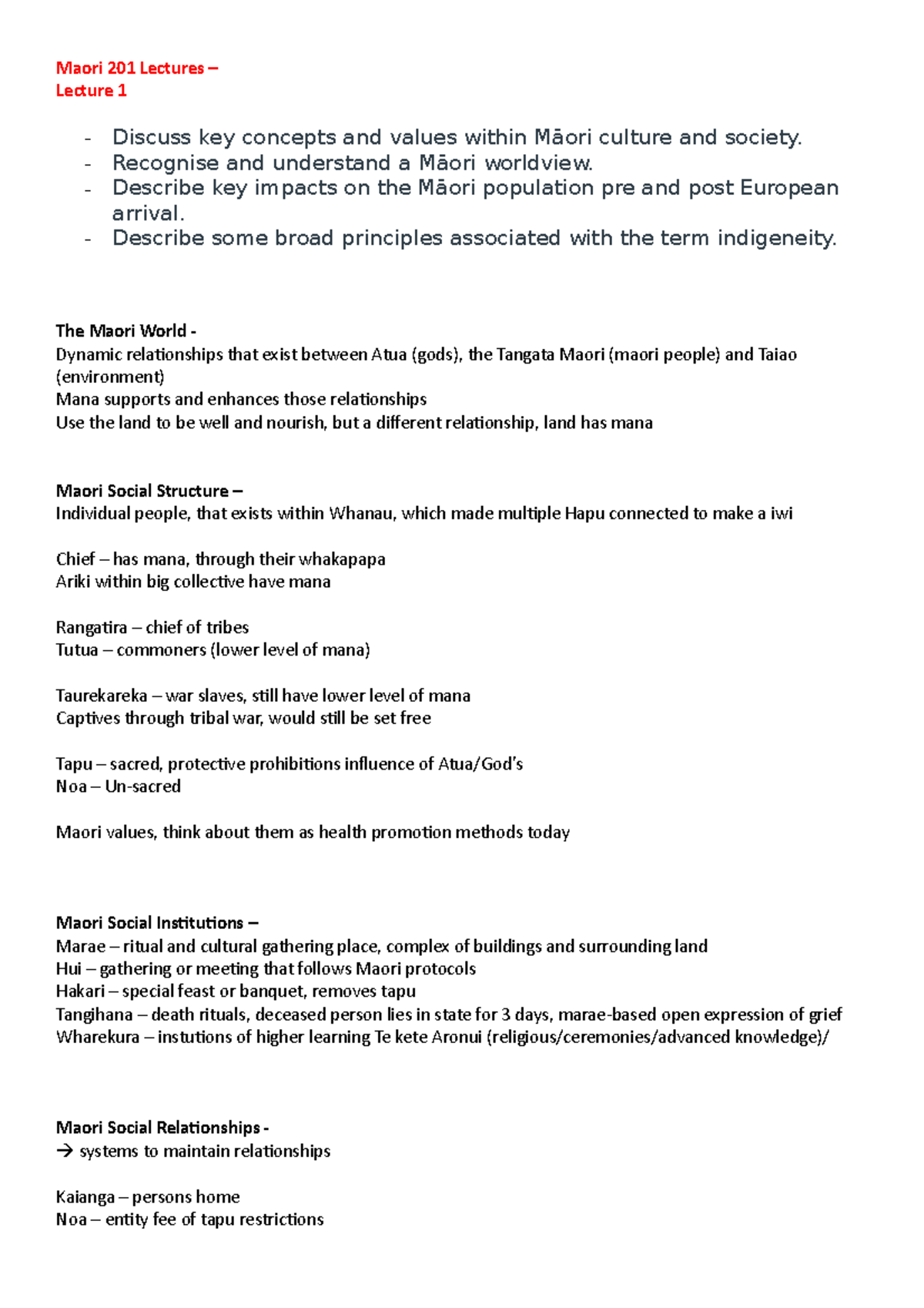 Maori 201 Lectures - Lecture notes 1-5 - Maori 201 Lectures – Lecture 1 ...