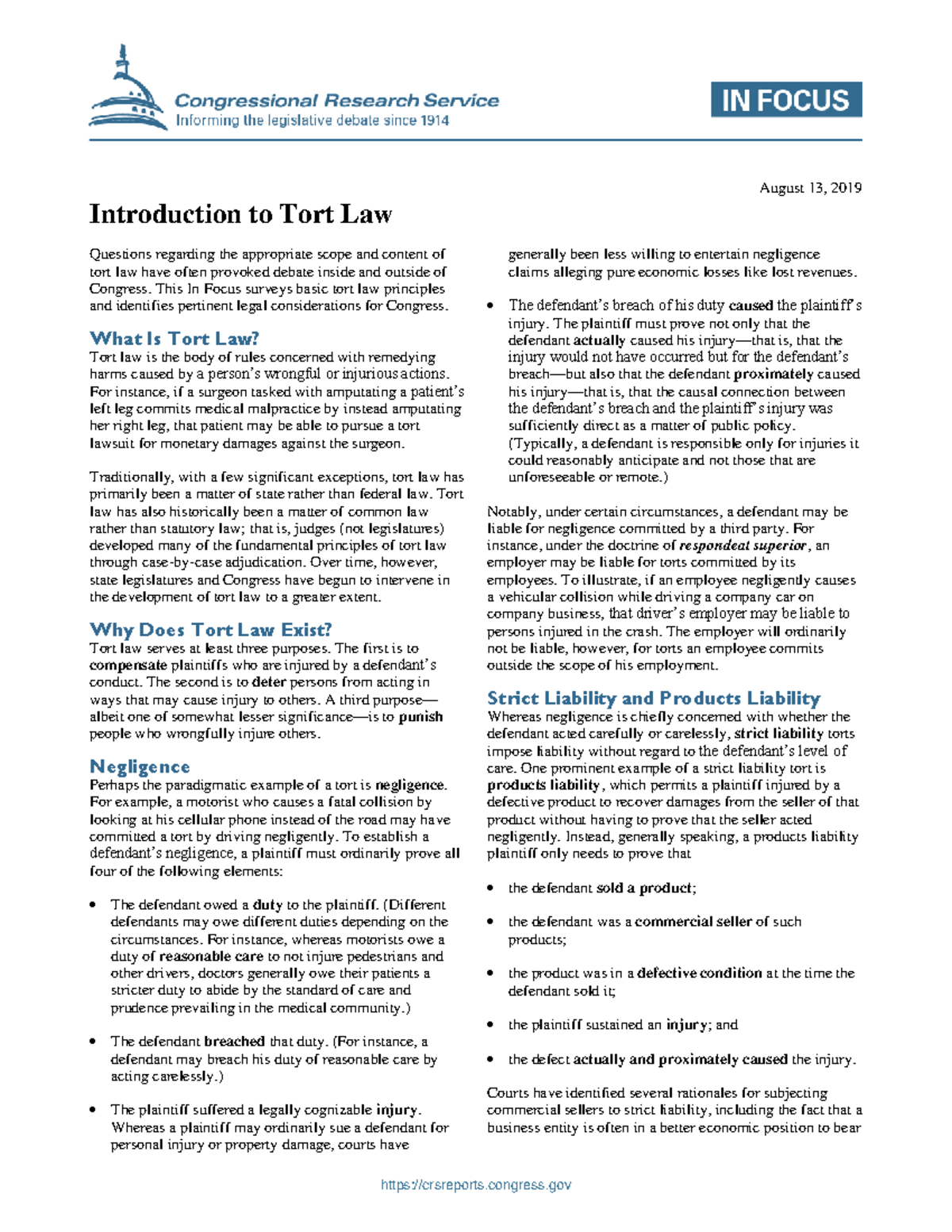 Load - crsreports August 13, 2019 Introduction to Tort Law Questions ...