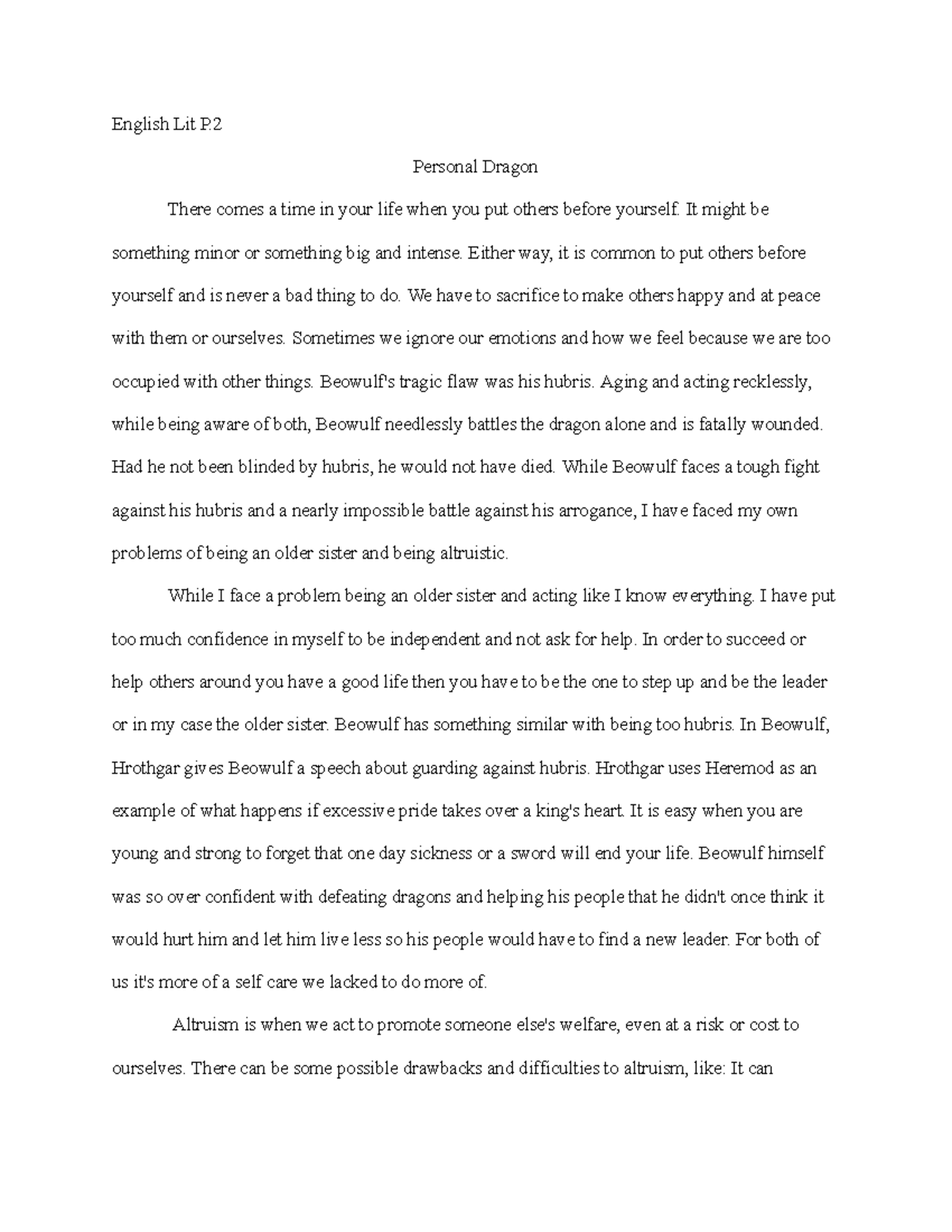 Personal Dragons Essay - English Lit P. Personal Dragon There comes a ...
