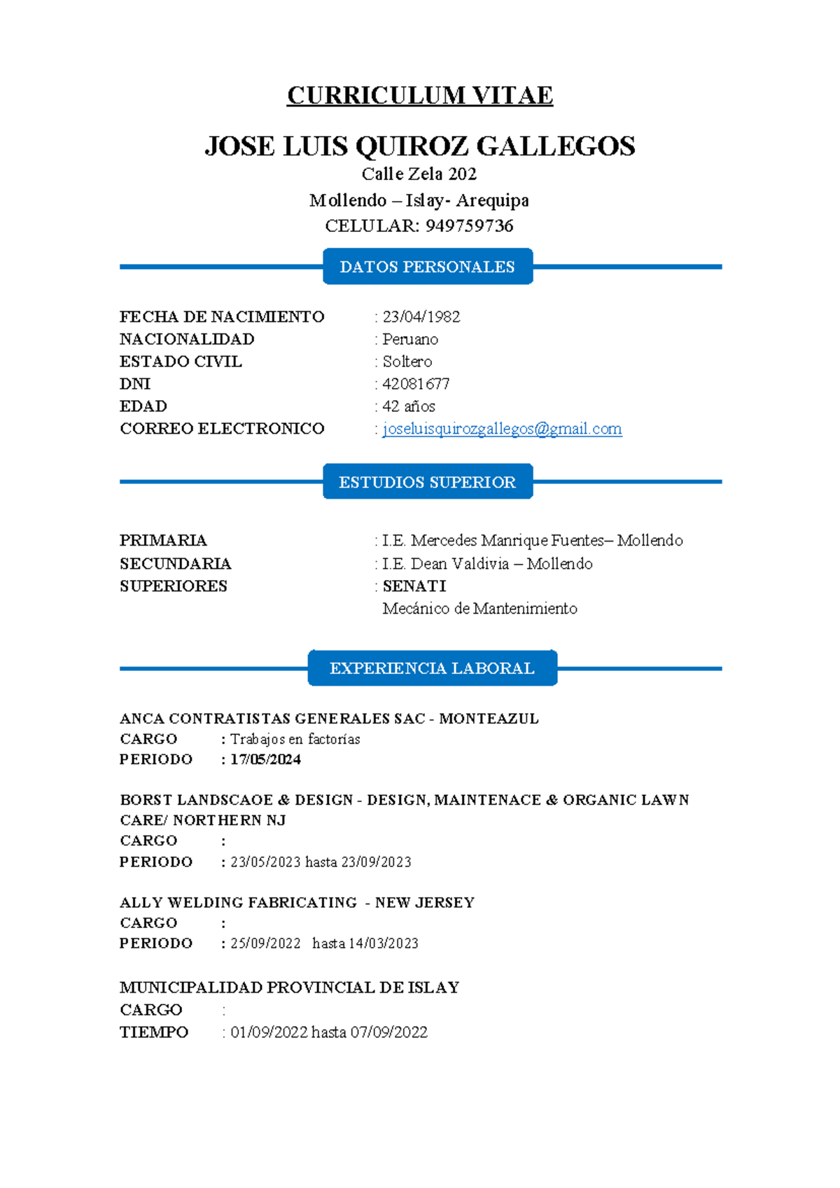CVitae JOSE LUIS - CURRICULUM VITAE JOSE LUIS QUIROZ GALLEGOS Calle Zela 202 Mollendo – Islay ...