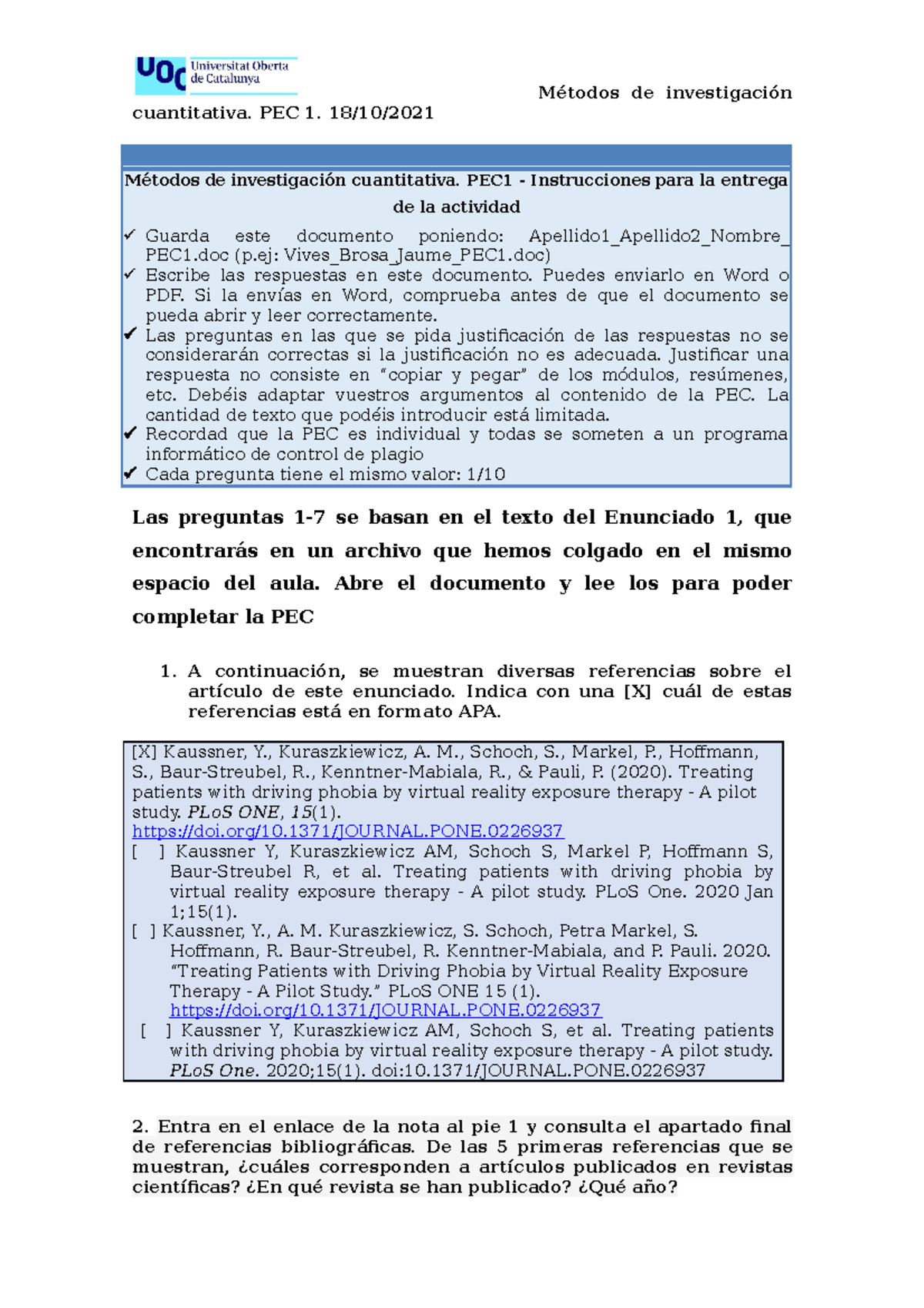 PEC1 MÉTODOS DE INVESTIGACIÓN CUANTITATIVA CURSO 2021-2022 - cuantitativa. PEC 1. 18/10/ Métodos ...