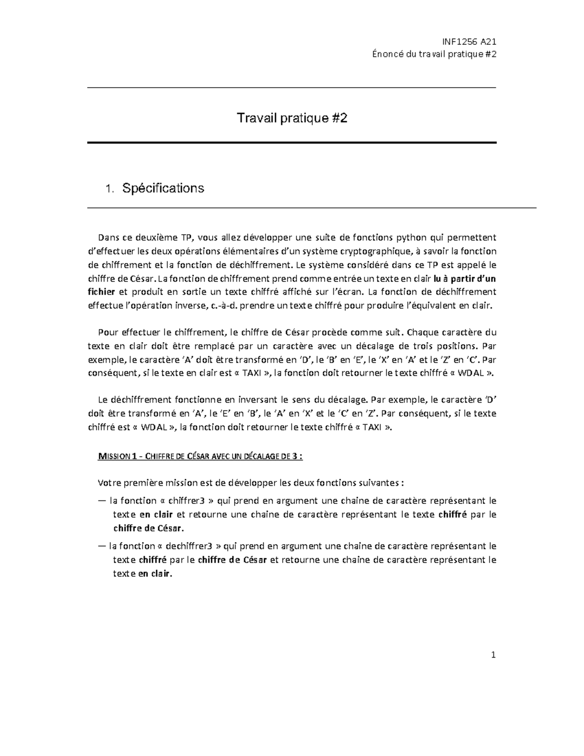 TP2 INF1256 Python Chiffrement Cesar - INF1256 A Énoncé du travail ...