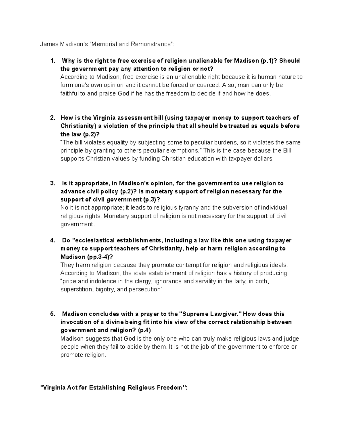 Class Reading 11/30 - James Madison's "Memorial and Remonstrance": 1 ...