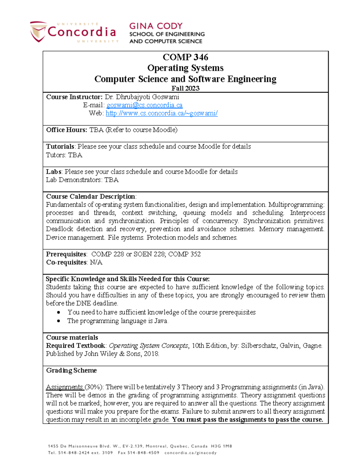 Comp346 F23 Course Outline Comp 346 Operating Systems Computer Science And Software
