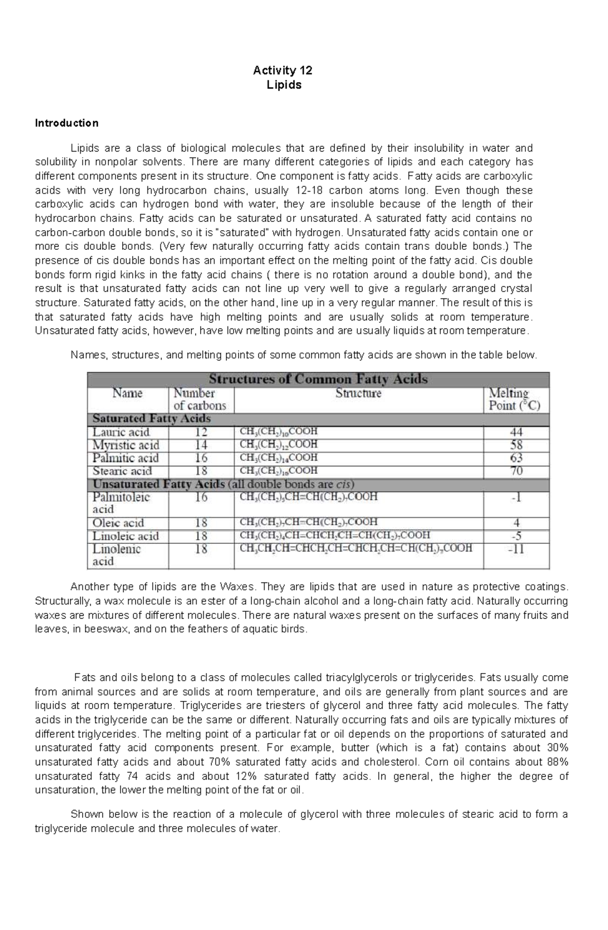 Activity 12 Lipids - Activity 12 Lipids Introduction Lipids are a class ...