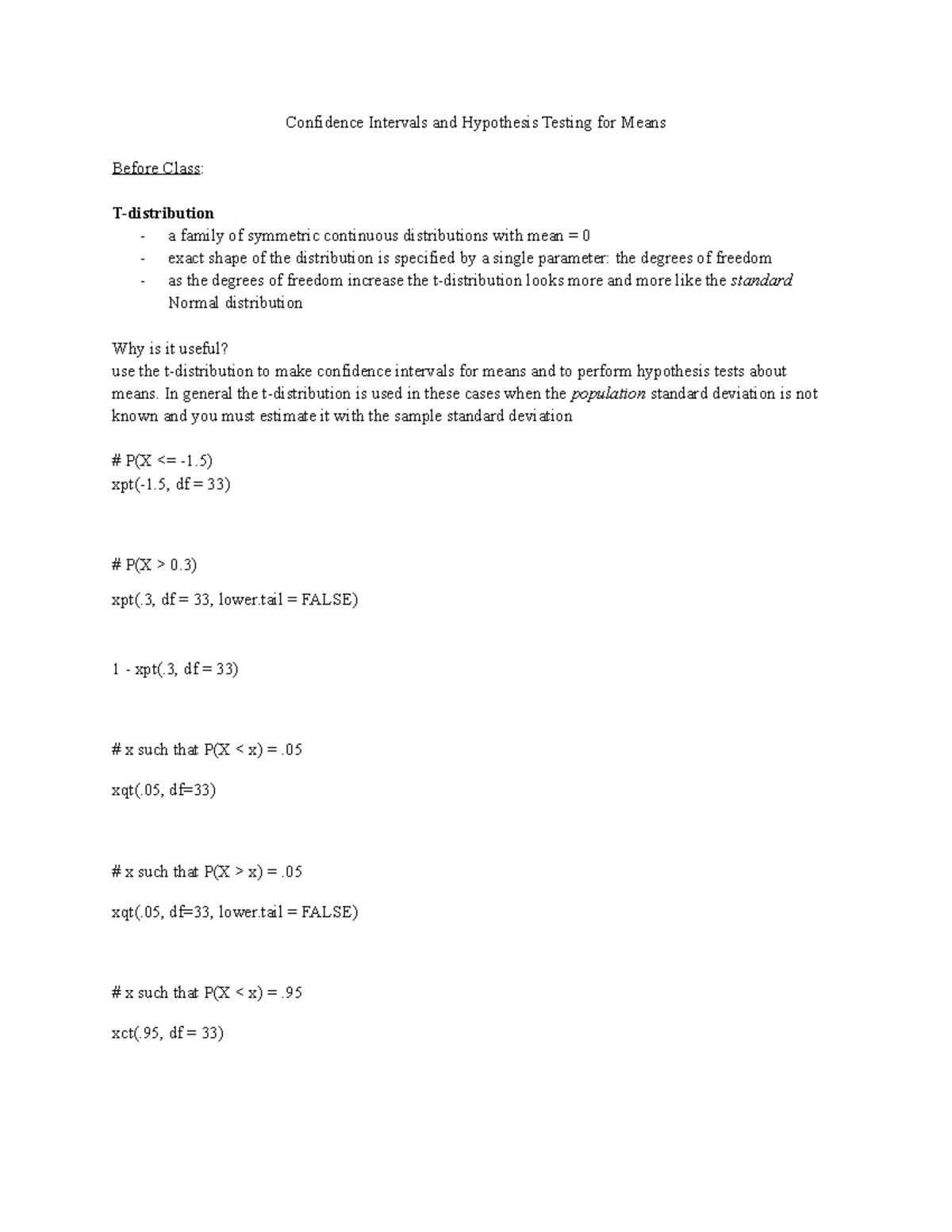 (12) Confidence Intervals and Hypothesis Testing for Means - In general ...