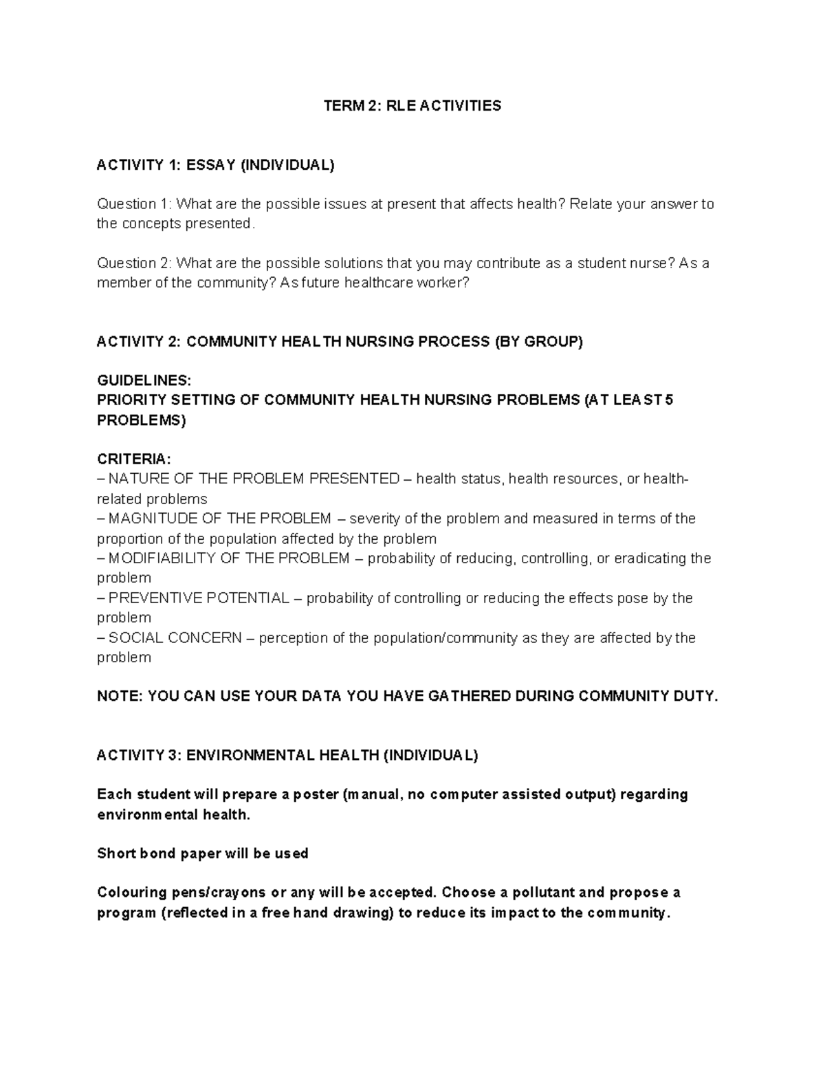 TERM-2- Activities - TERM 2: RLE ACTIVITIES ACTIVITY 1: ESSAY ...