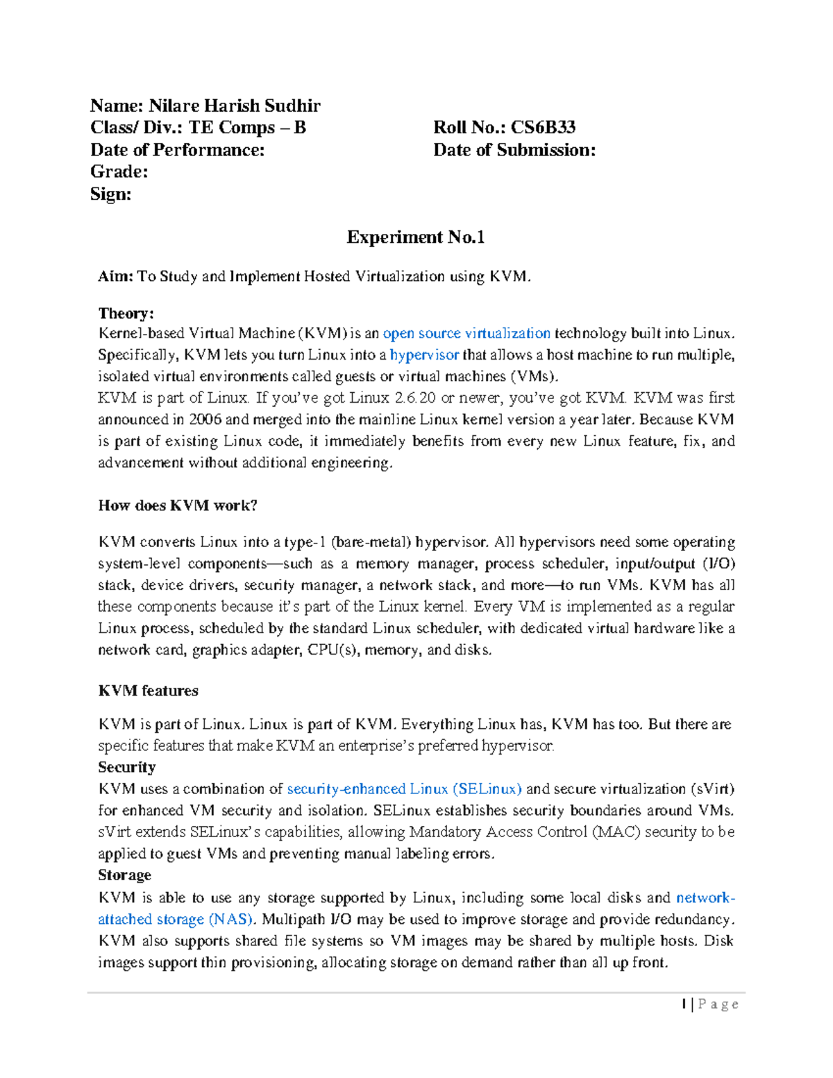 Cloud Computing Experiment 01 Installing virtual machine - Name: Nilare Harish Sudhir Class/ Div ...