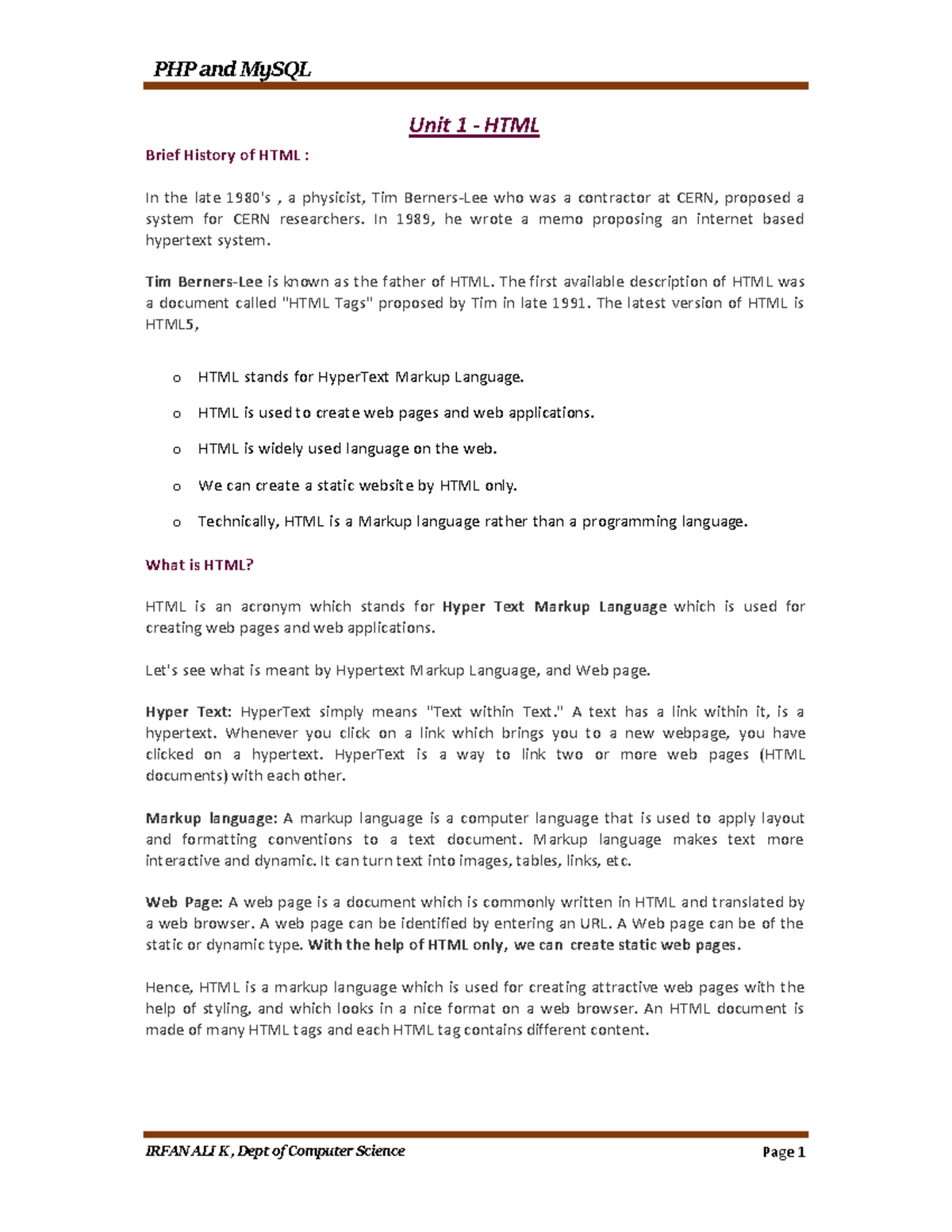 Unit 1 Html It Is Html Introduction Notes Brief History Of Html Unit 1 Html In The