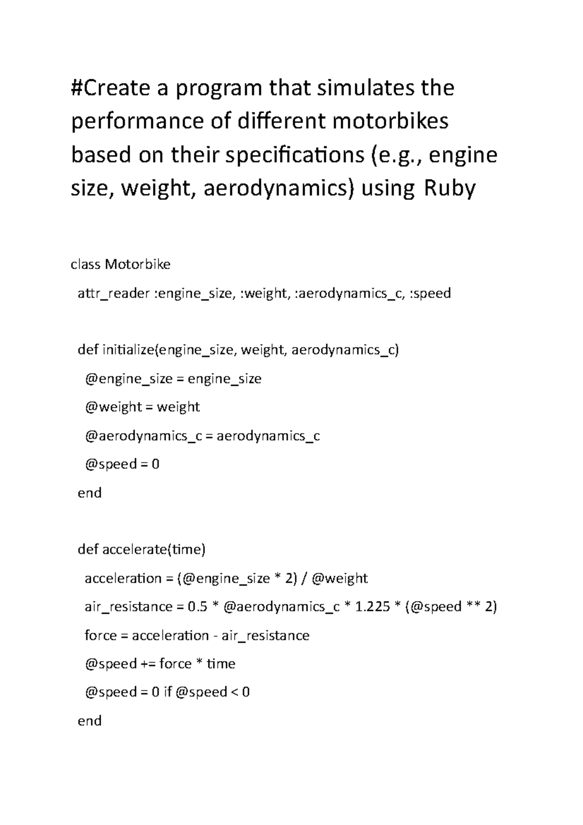 Motorbikes based on their specifications-ruby - #Create a program that ...
