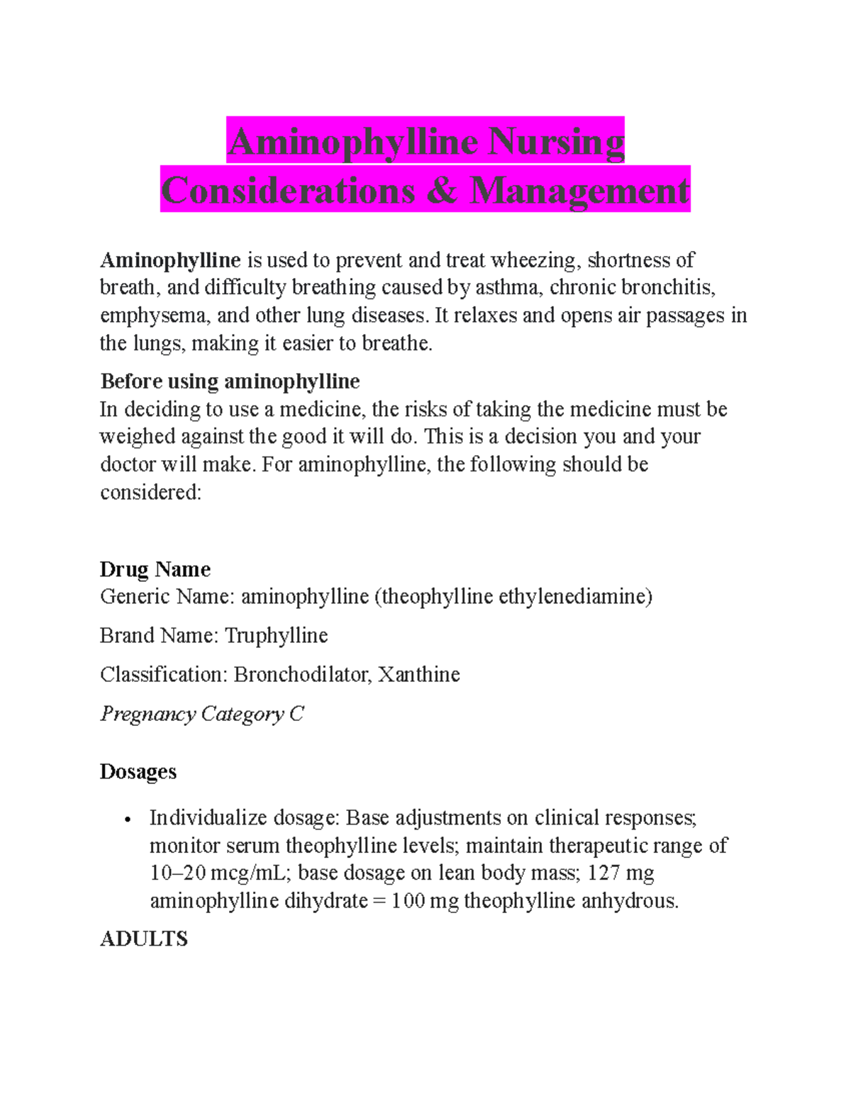 Aminophylline pharmacologic nursing easy guide - Aminophylline Nursing ...