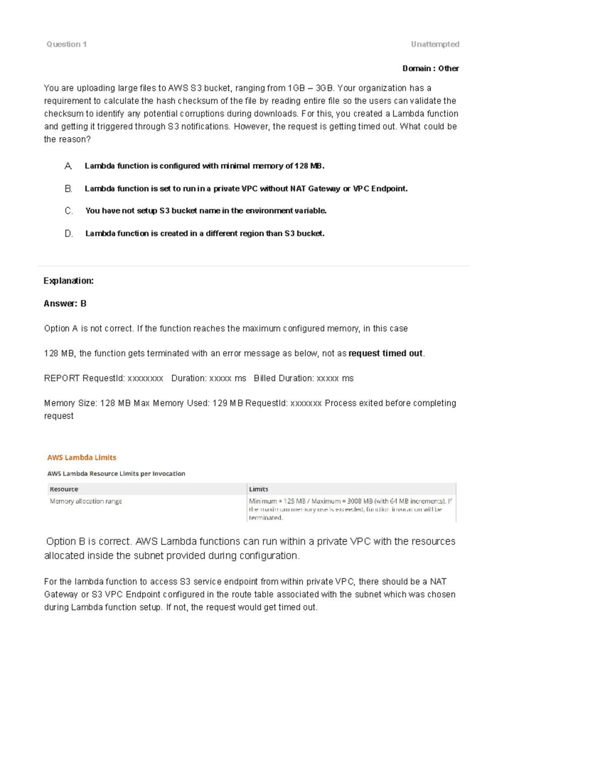 AWS Lambda - Question 1 Unattempted Domain : Other You are uploading ...