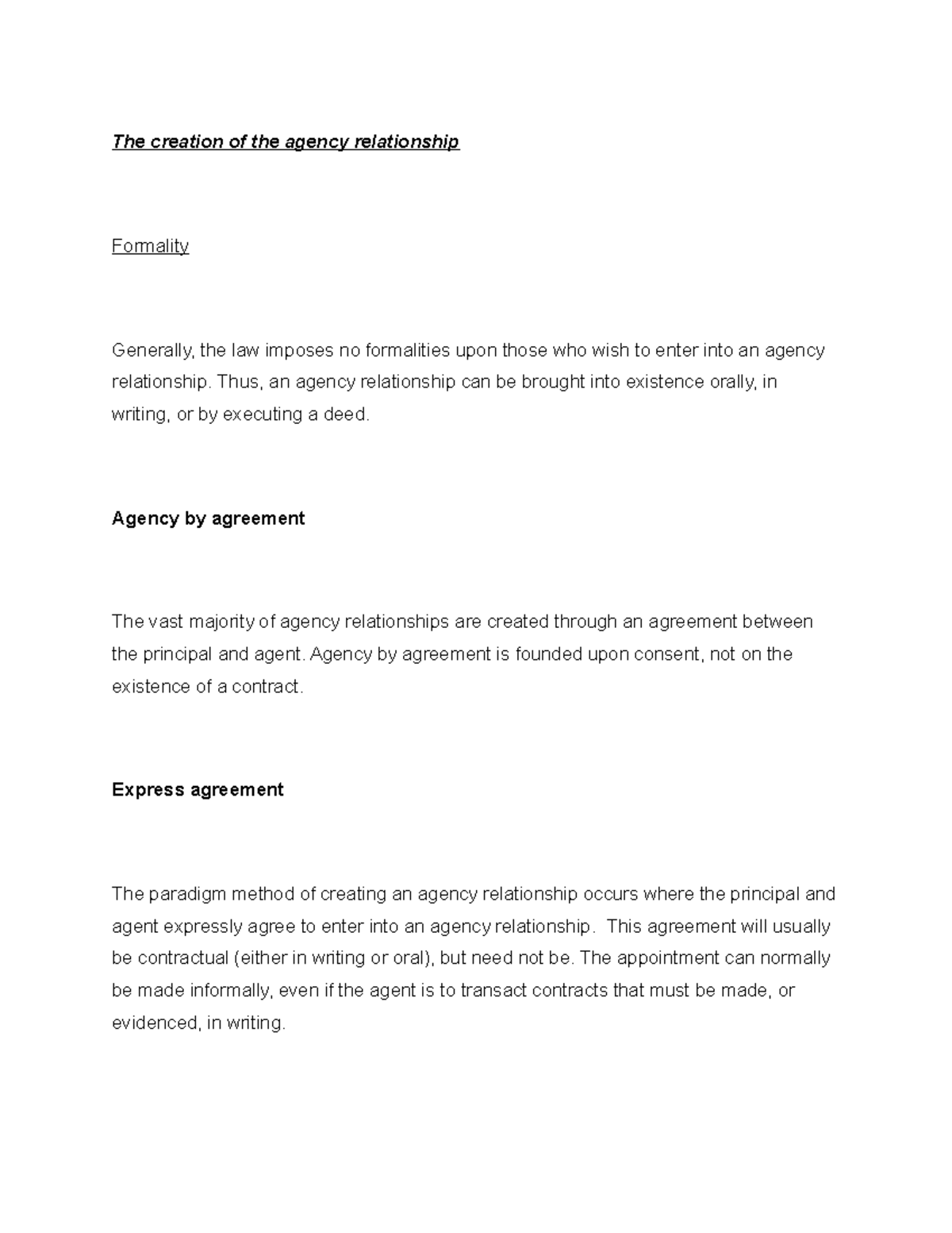 The creation of the agency relationship - The creation of the agency ...