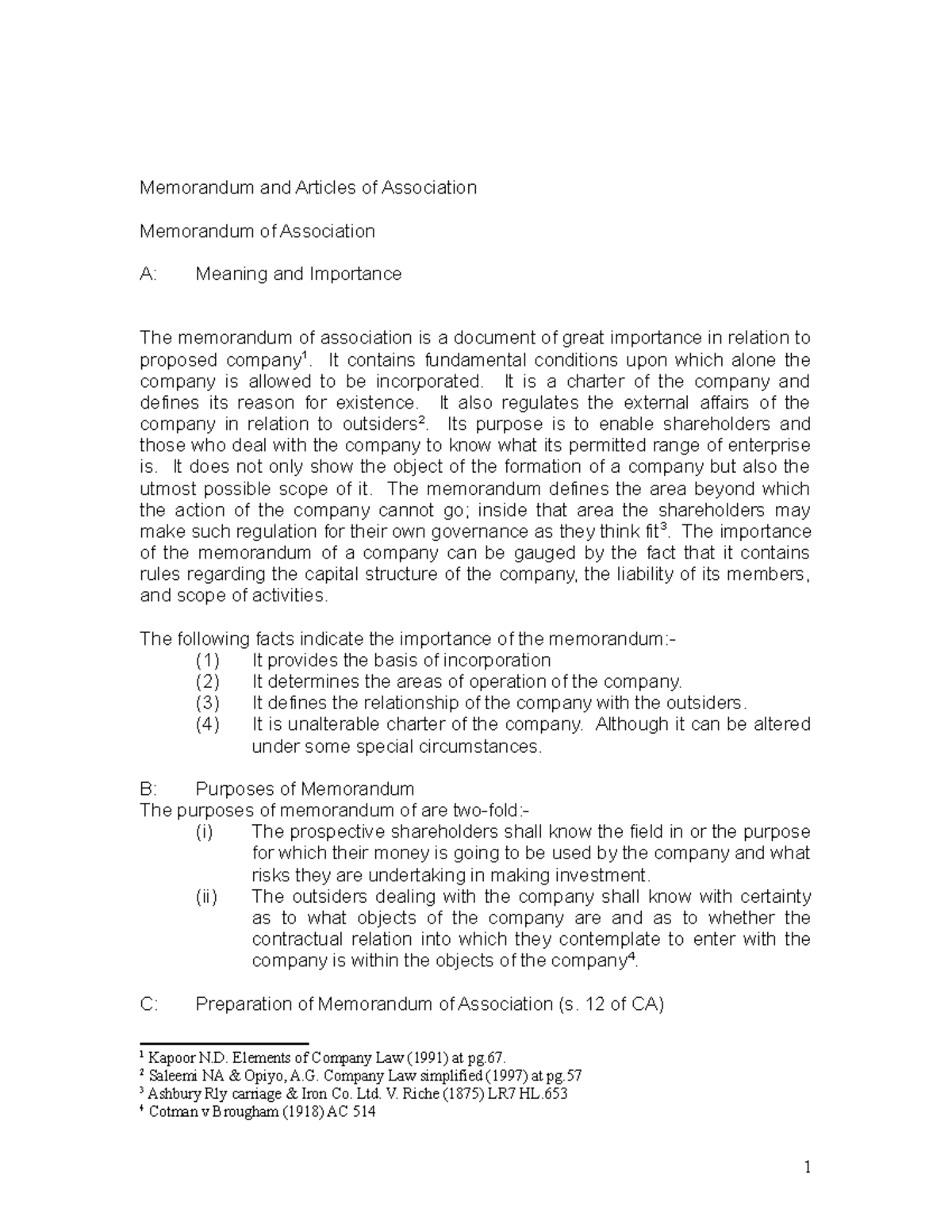 18150862 Company s Law - contract law - Memorandum and Articles of Association Memorandum of ...