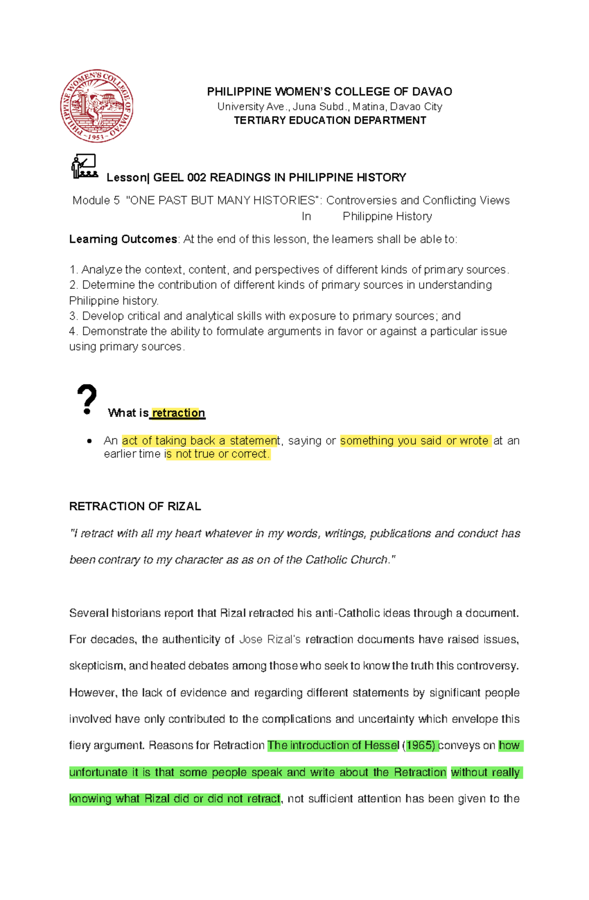 Lesson Module 5 Rizal Retraction - PHILIPPINE WOMEN’S COLLEGE OF DAVAO ...