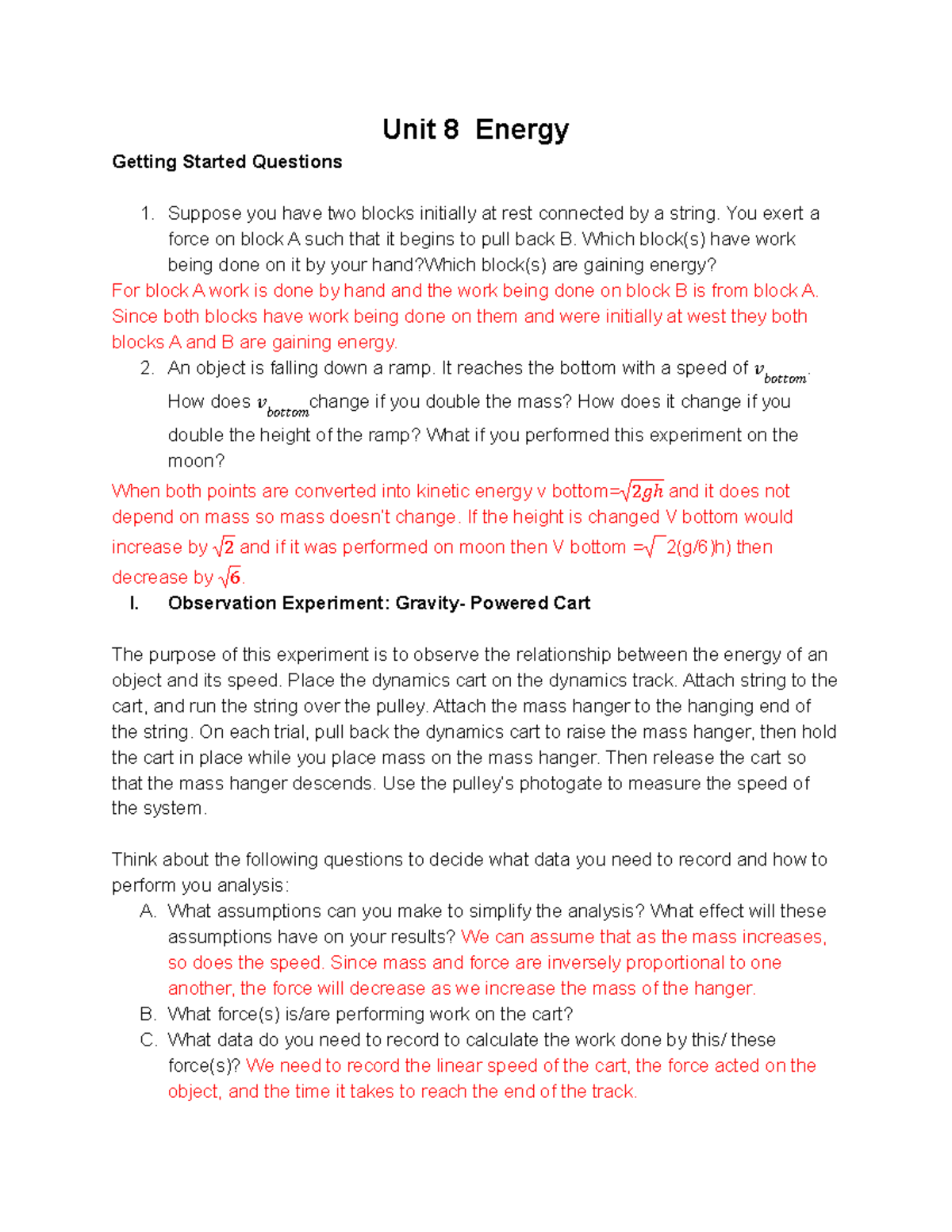Unit 8 Energy I - Unit 8 Energy Getting Started Questions Suppose you ...