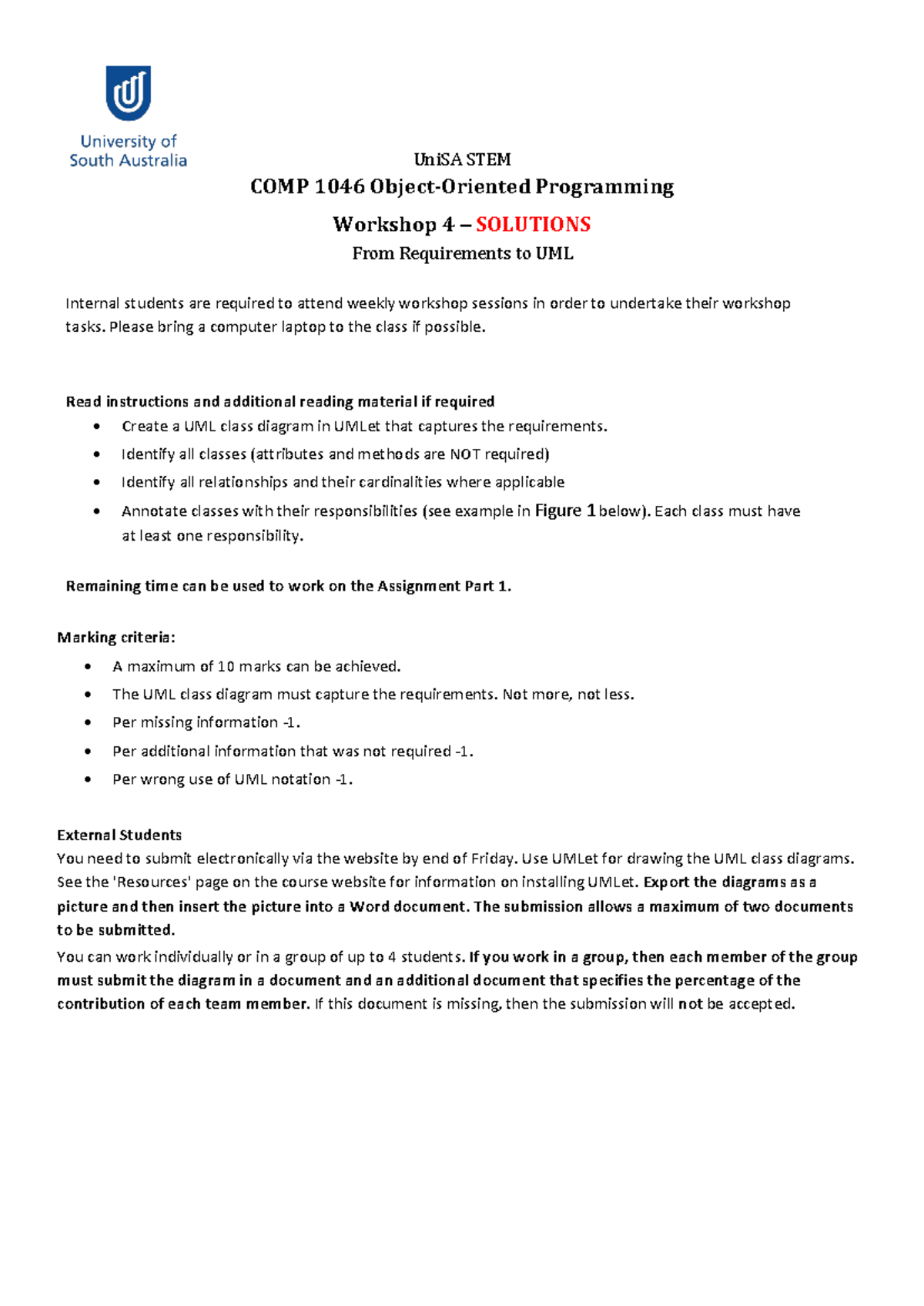 COMP 1046 WS 04 From Requirements to UML - SOL - UniSA STEM COMP 10 46 Object-Oriented ...
