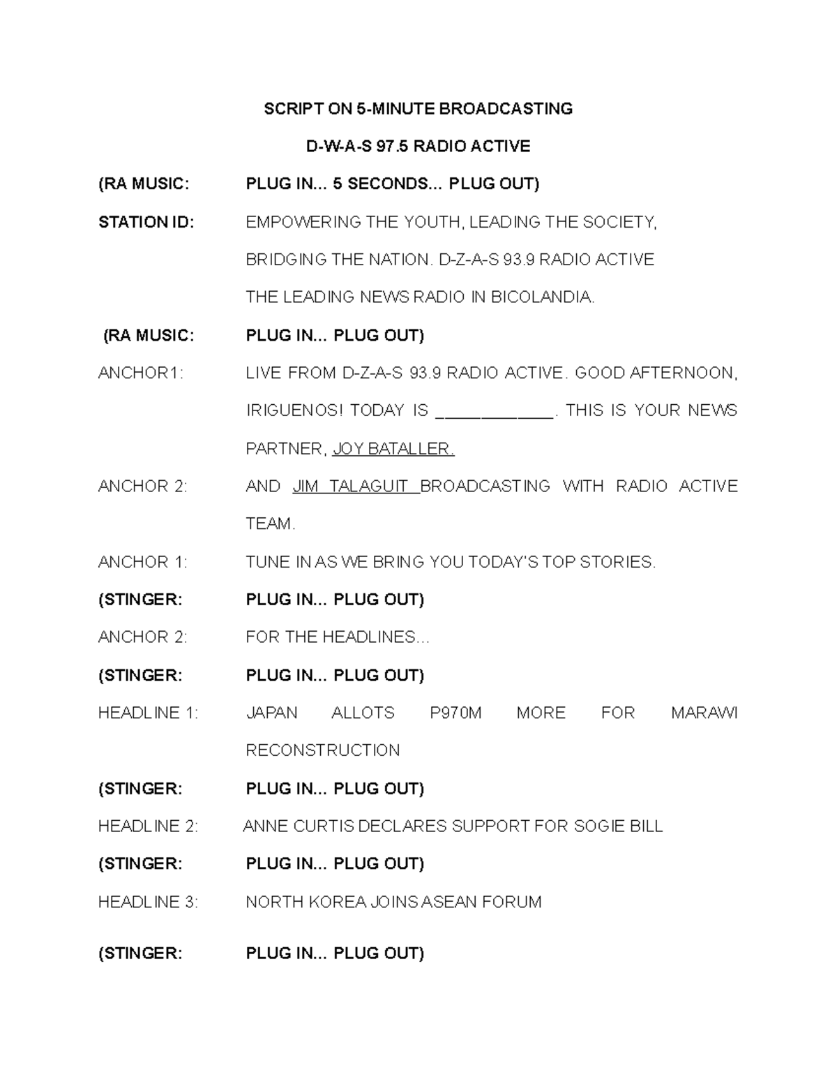 Script-ON-5 - Scripts - SCRIPT ON 5-MINUTE BROADCASTING D-W-A-S 97 ...